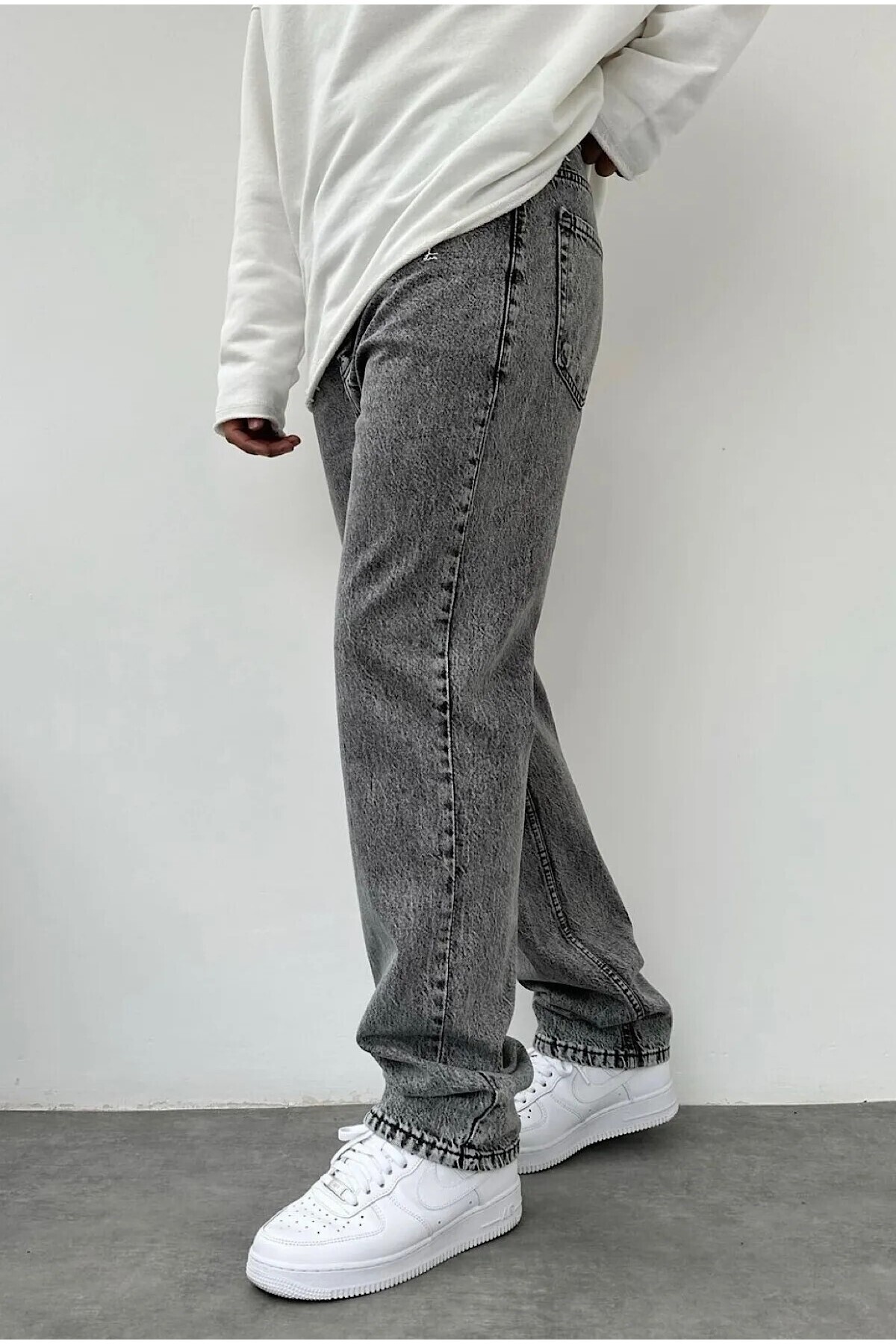 Cuqq Denim Erkek Asit Yıkama Gri Bol Paça Jean Kot Baggy Pantolon ...