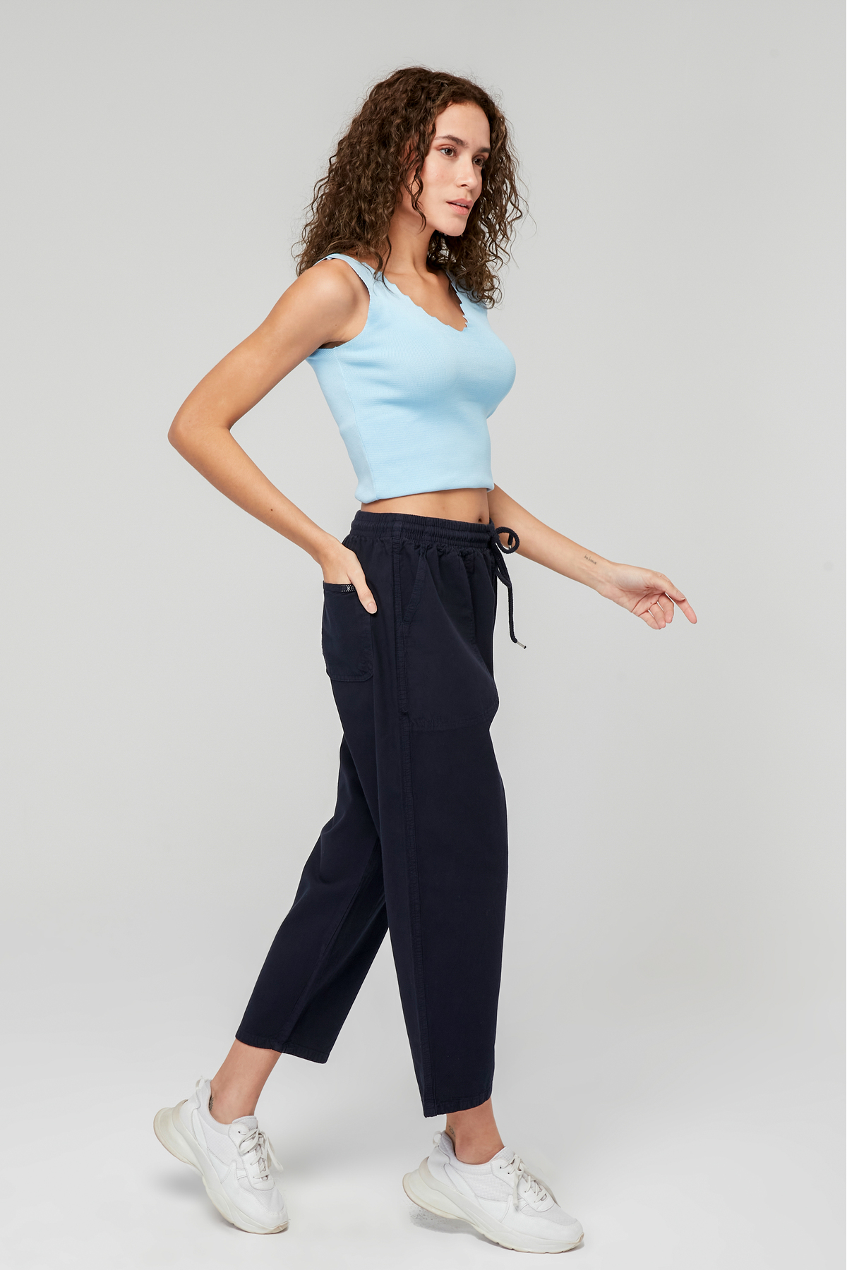 MONAHA Kadın Lacivert Yüksek Bel Beli Lastikli Keten Görünümlü %100 ...