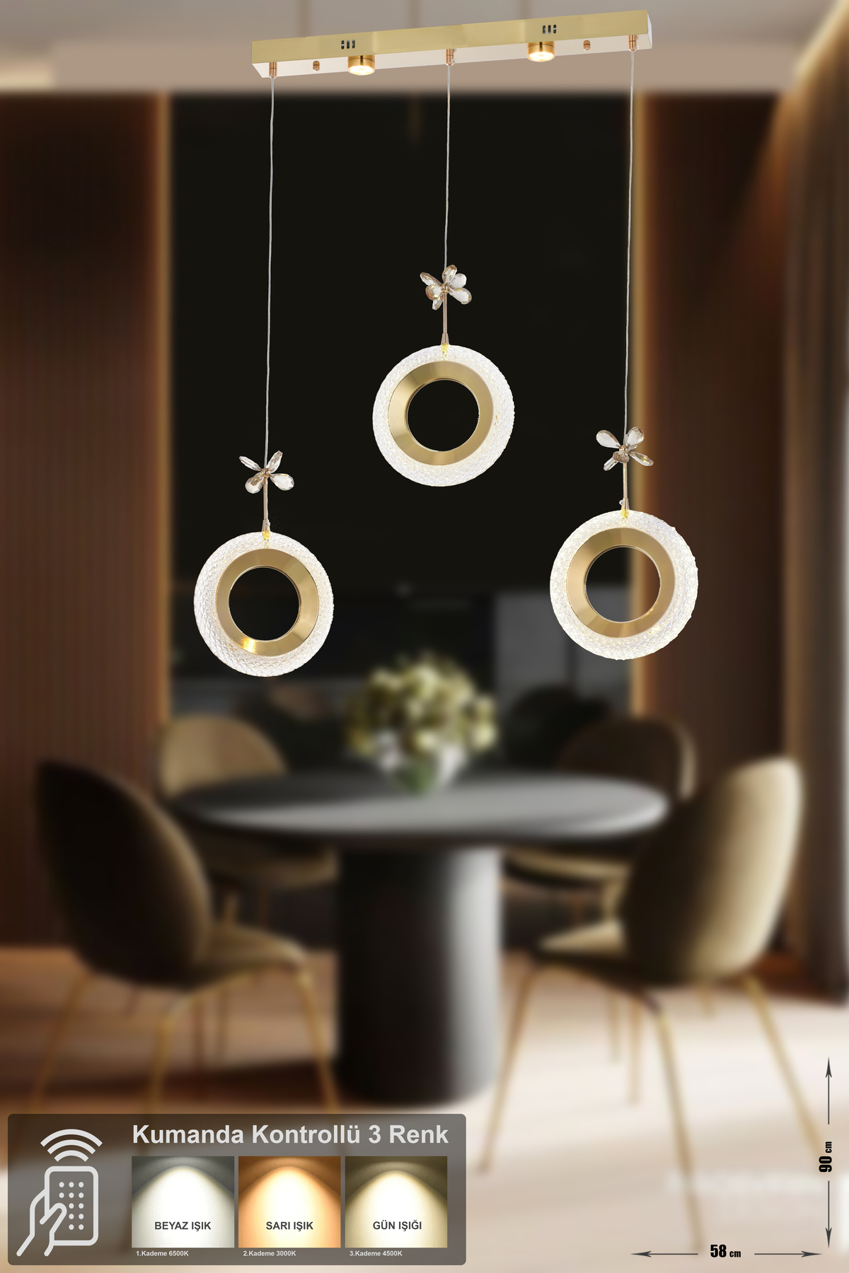 Avizemoda Ribera 3'lü Power Ledli Kumandalı Modern Yemek Masası Üstü ...