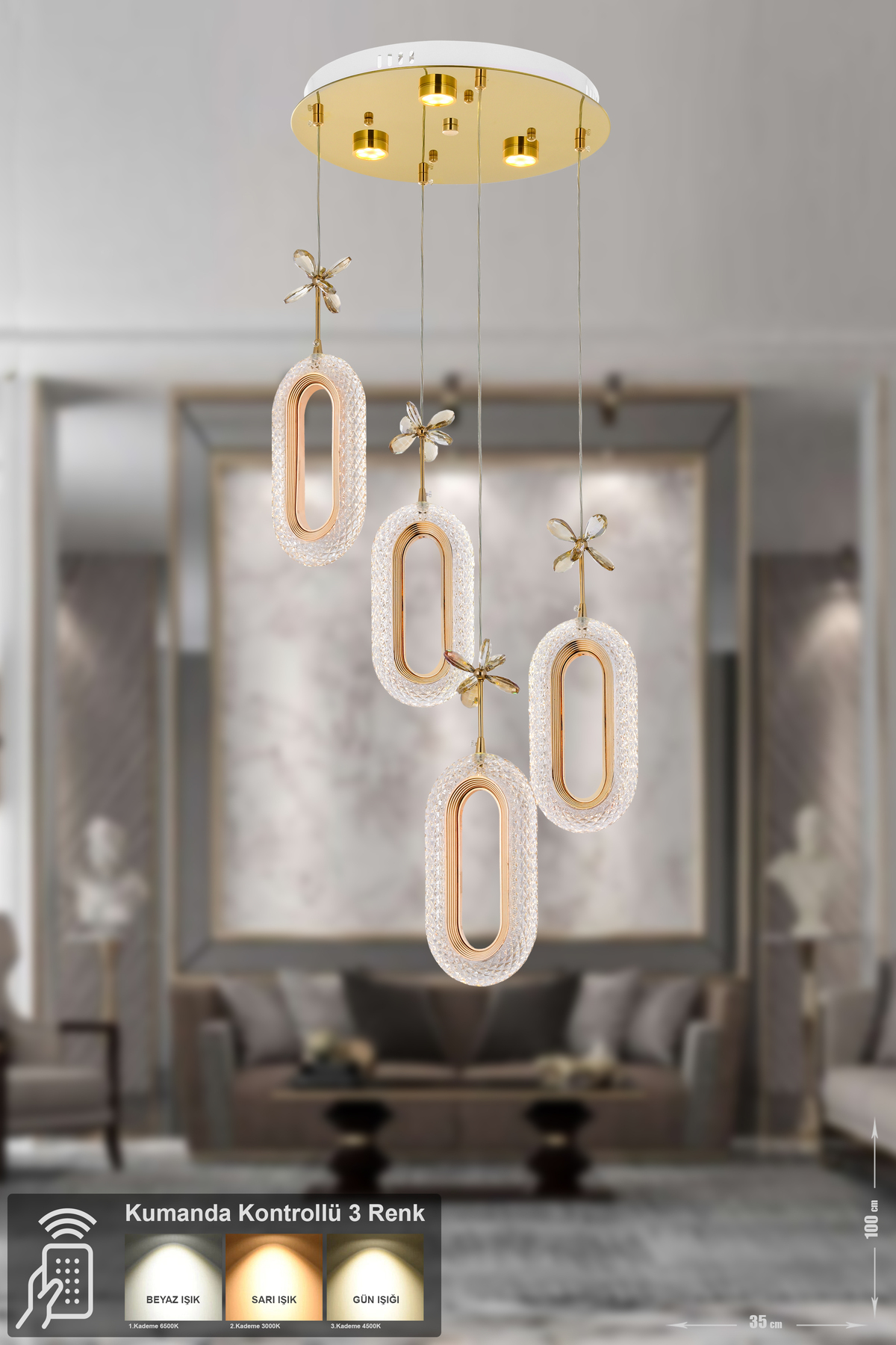 Avizemoda Sessi 4'lü Power Ledli Kumandalı Modern Lüks Sarkıt Avize, 3 Renk: Sarı-beyaz-gün ...