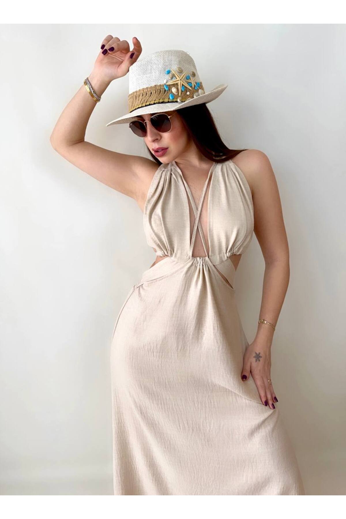 BENİMOLMALI Bohem Elbise Keten Kumaş Elbise Göğüs Dekolte Elbise ...