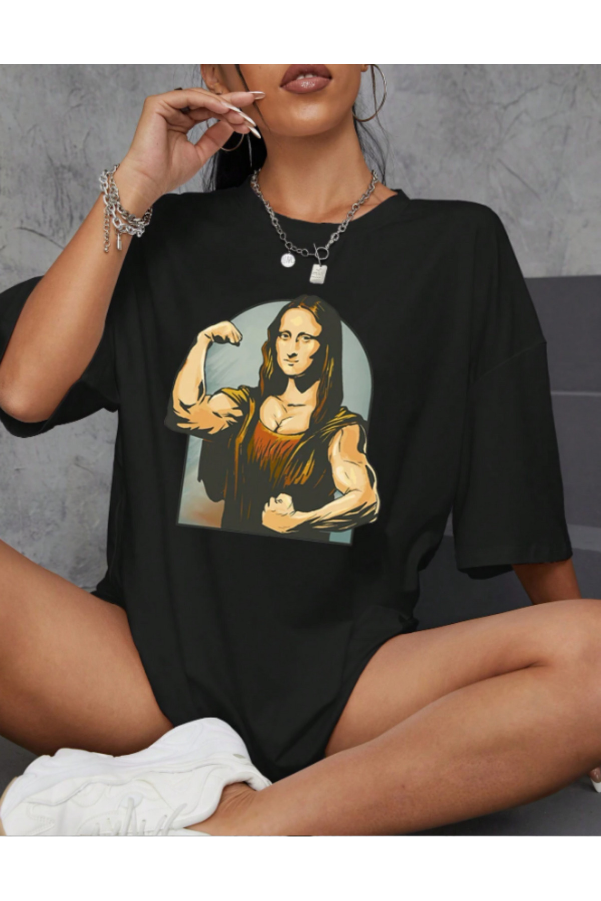 AEMİ Unisex Kaslı Mona Lisa Baskılı Bisiklet Yaka Oversize %100 Pamuklu ...