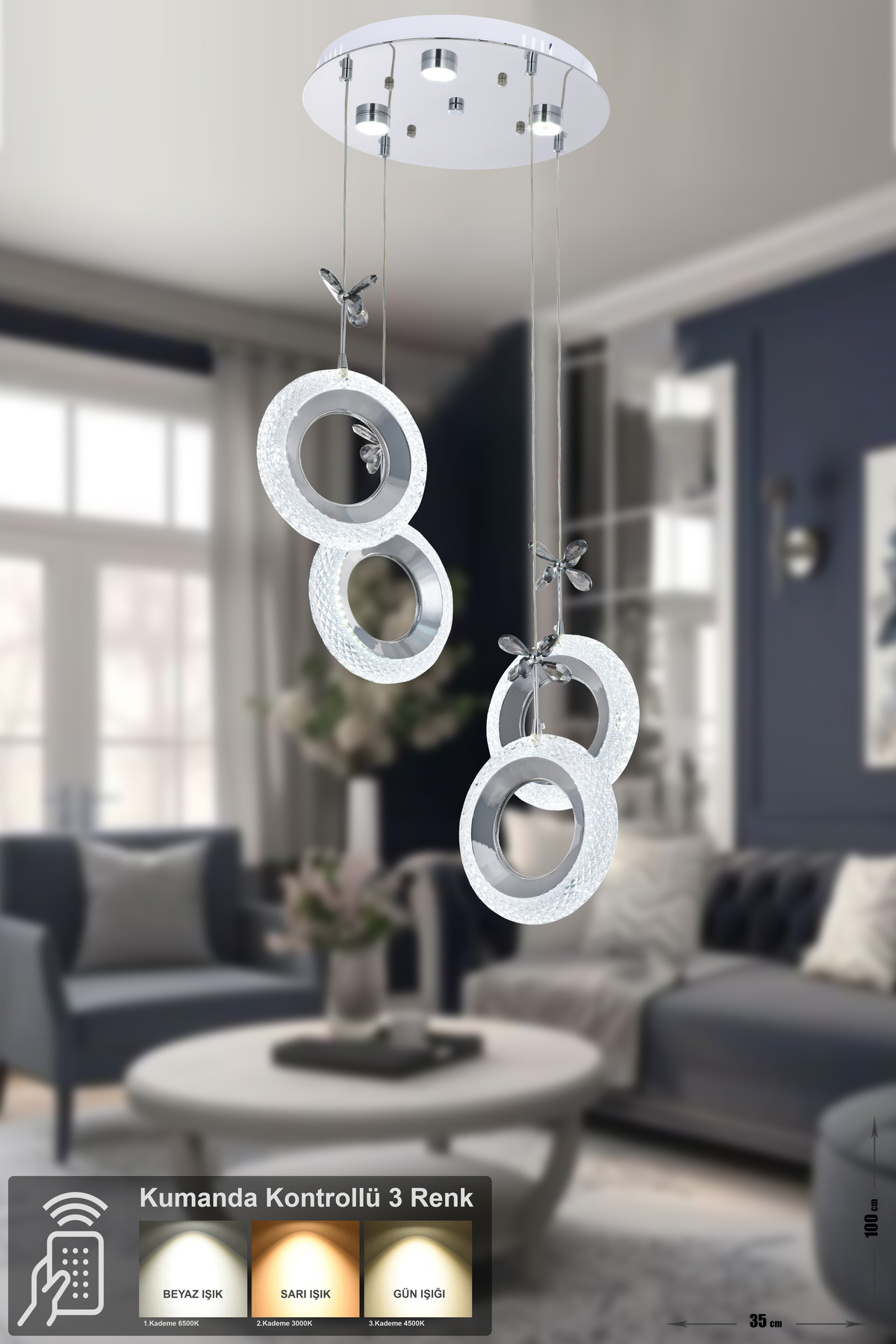 Avizemoda Ribera 4'lü Power Ledli Kumandalı Modern Lüks Sarkıt Avize, 3 ...