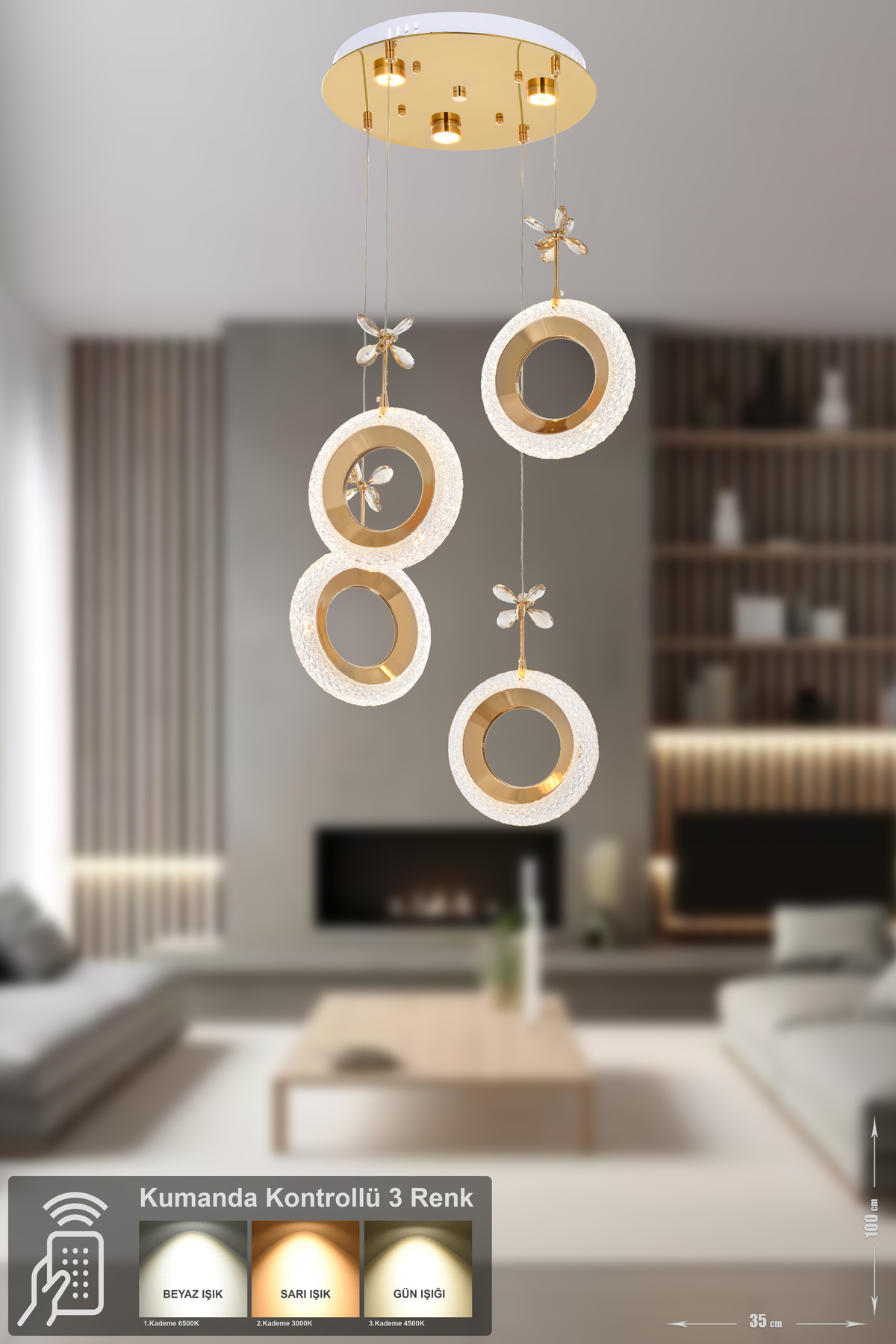 Avizemoda Ribera 4'lü Power Ledli Kumandalı Modern Lüks Sarkıt Avize, 3 ...