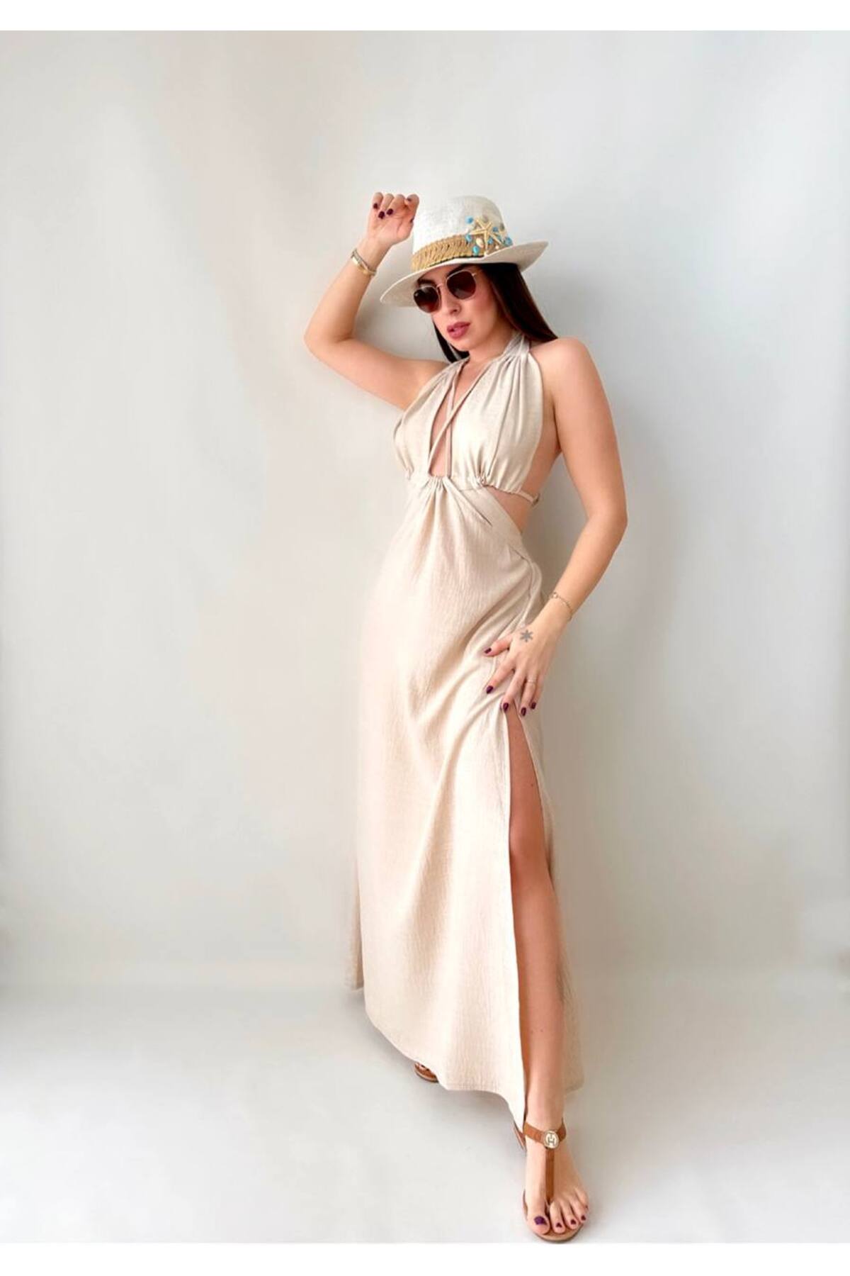 BENİMOLMALI Bohem Elbise Keten Kumaş Elbise Göğüs Dekolte Elbise ...