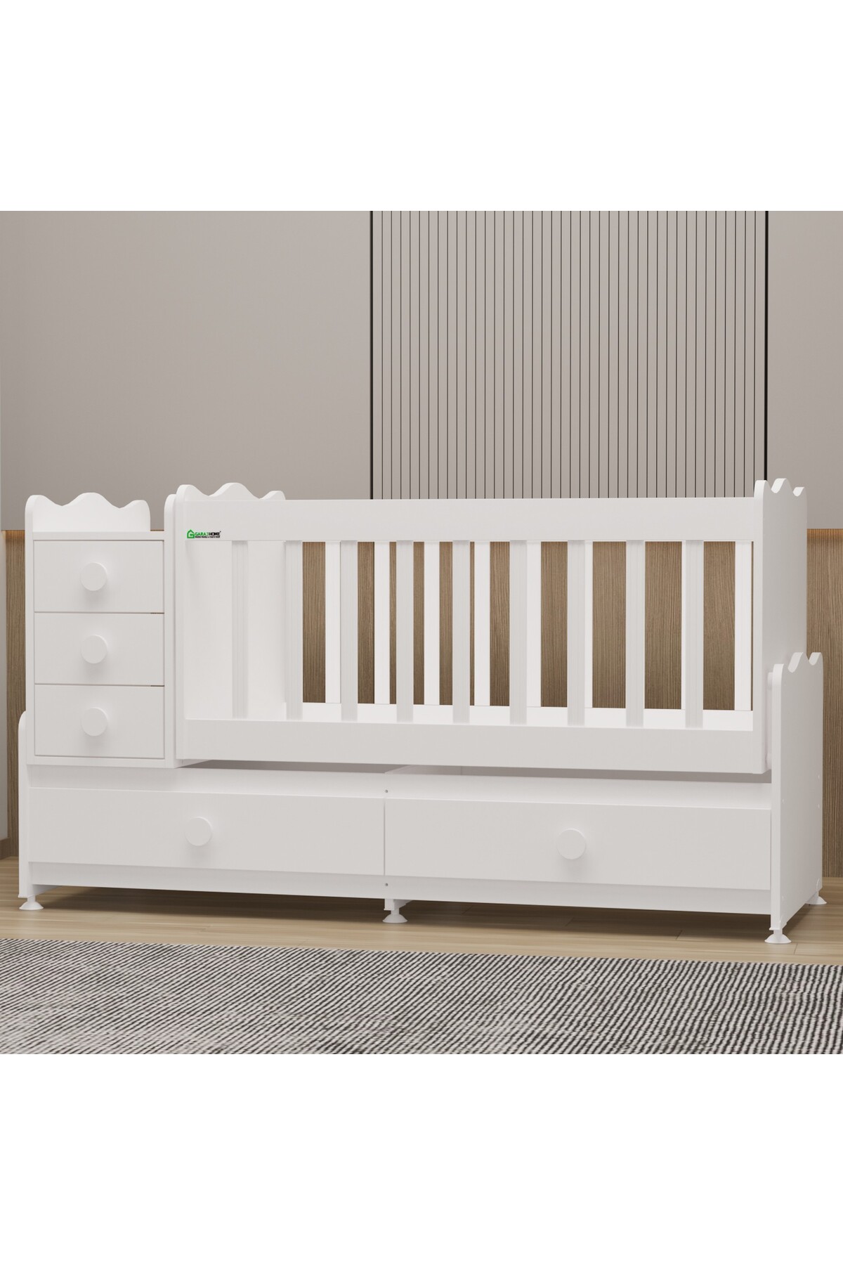 Garaj Home Melina 5 Çekmeceli Büyüyen MDF Çıtalı Beşik + Yatak - Beyaz ...
