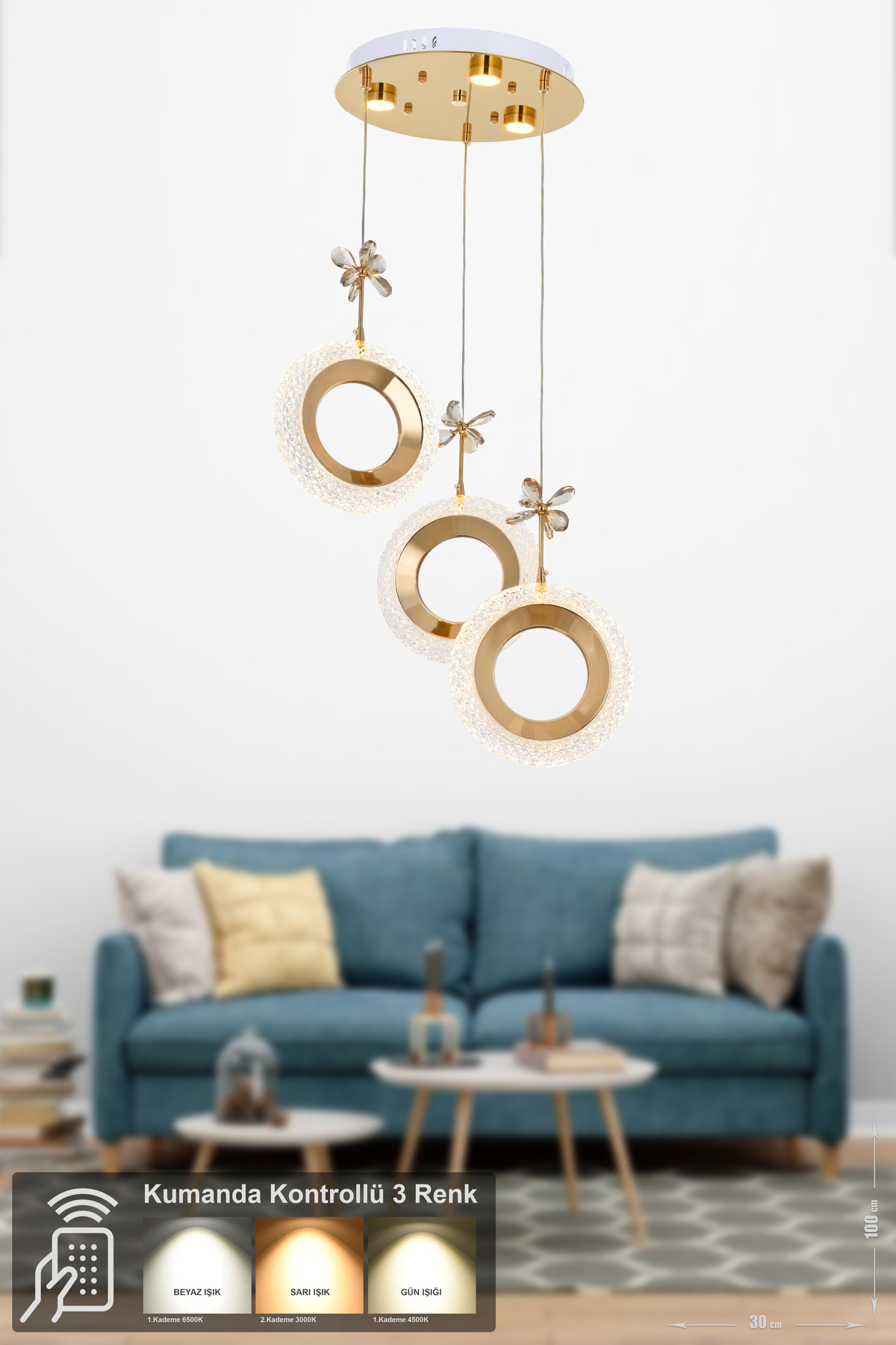 Avizemoda Ribera 3'lü Power Ledli Kumandalı Modern Lüks Sarkıt Avize, 3 ...