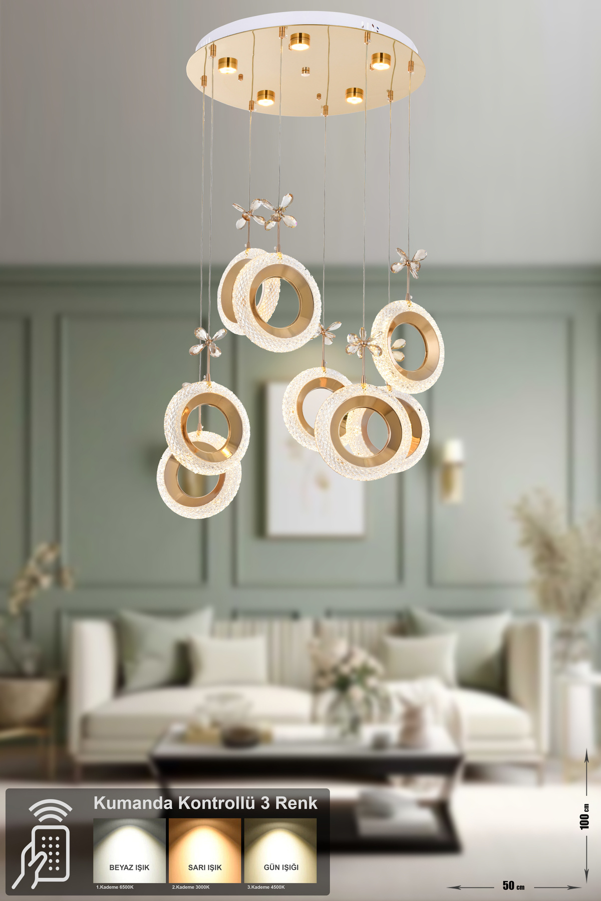 Avizemoda Ribera 8'li Power Ledli Kumandalı Modern Lüks Sarkıt Avize, 3 ...