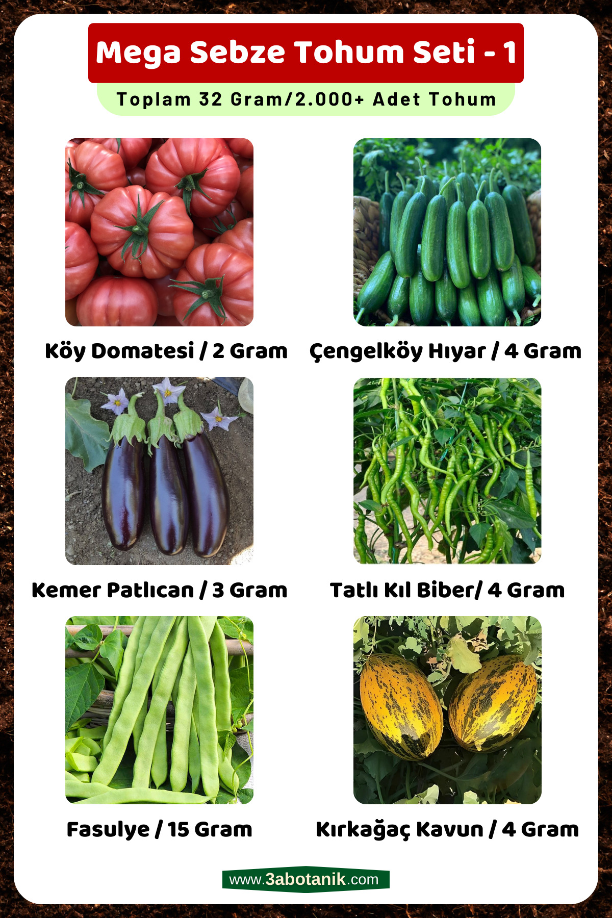 3A BOTANİK 4'lü Mega Fırsat Sebze Tohum Paketi, Toplam 109 Gram/24 ...