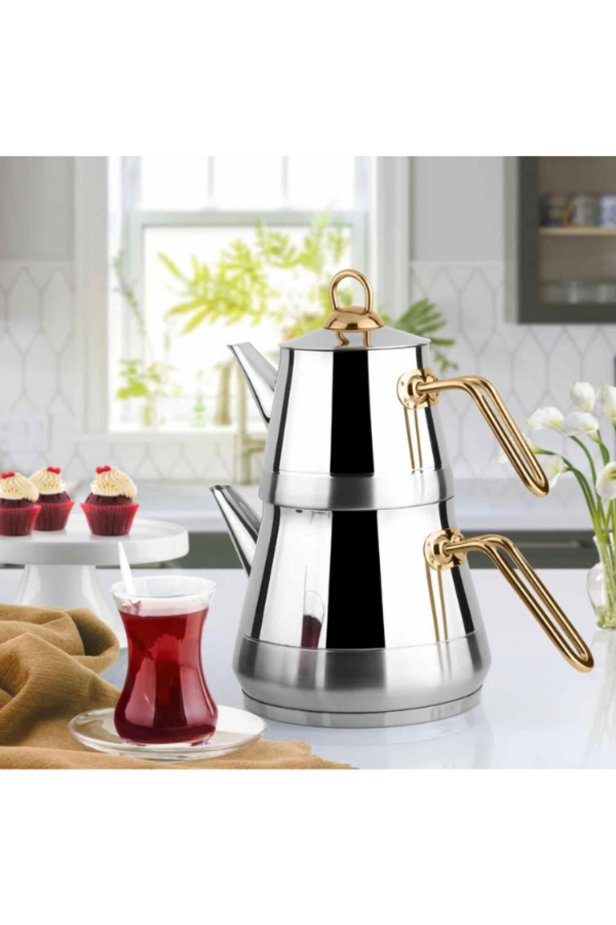 Genel Markalar Lines Piramit Altın Metal Kulp Paslanmaz Çelik Çaydanlık ...