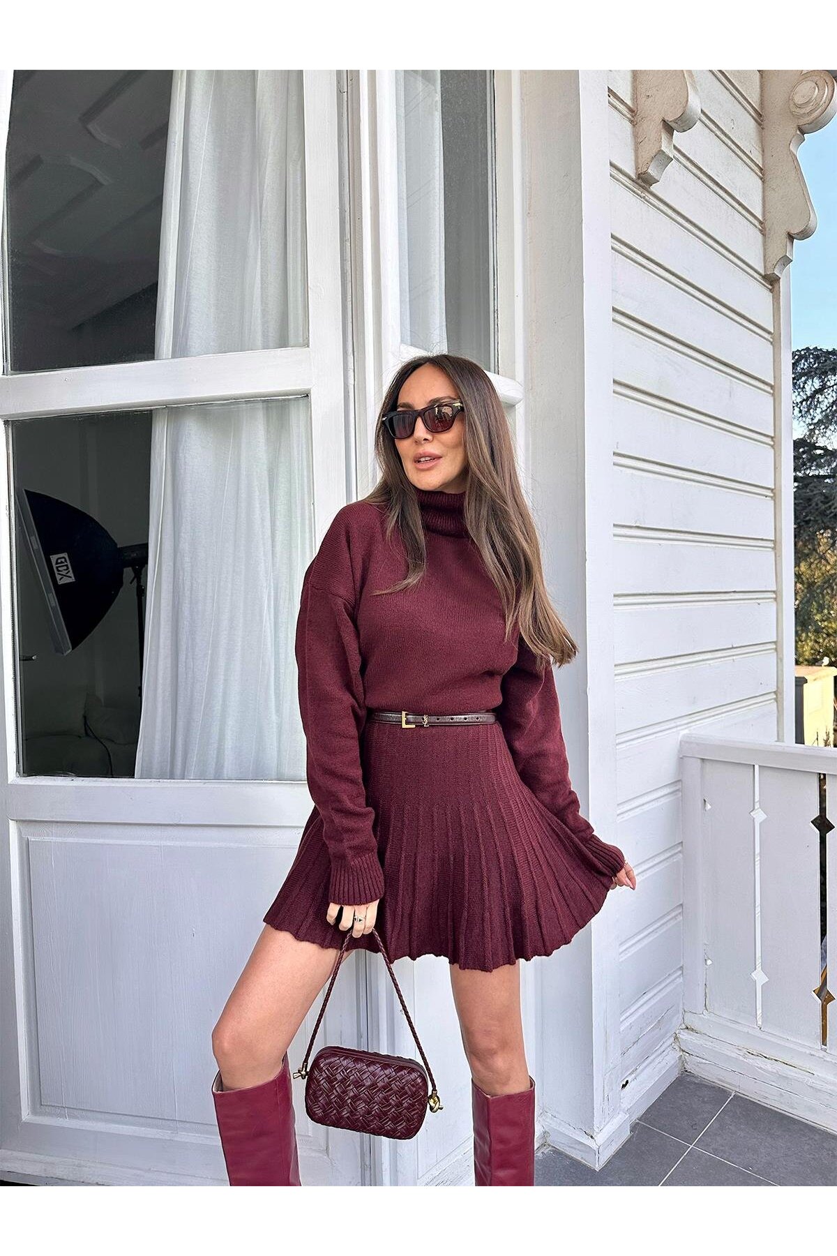 HARMONY GLOBAL Boğazlı Oversize Kazak Pileli Yüksek Bel Mini Etek Asmer ...