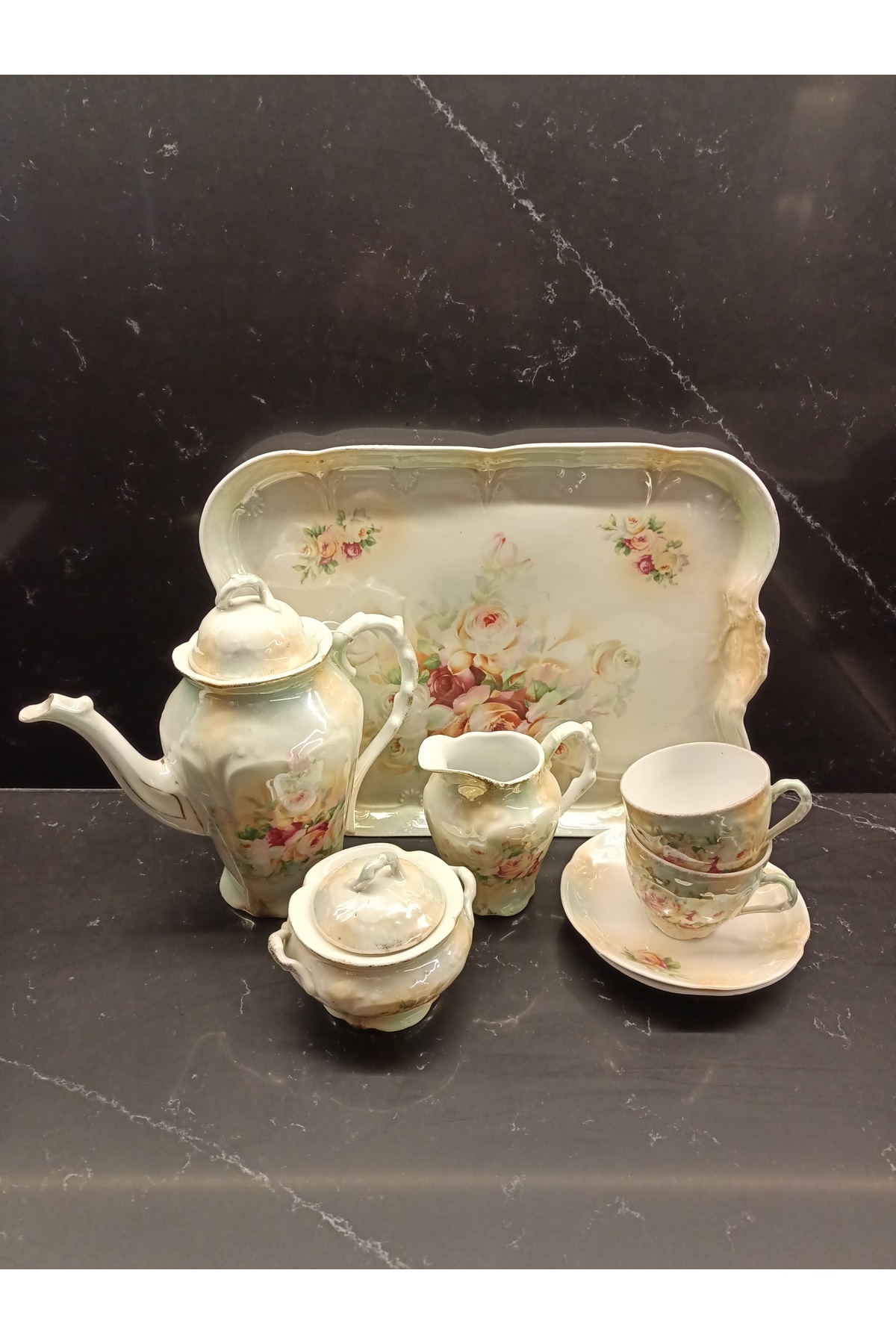 EXEDRA VİNTAGHE ANTİKA TEPSİLİ PORSELEN İKİ KİŞİLİK ÇAY FİNCANI SETİ ...