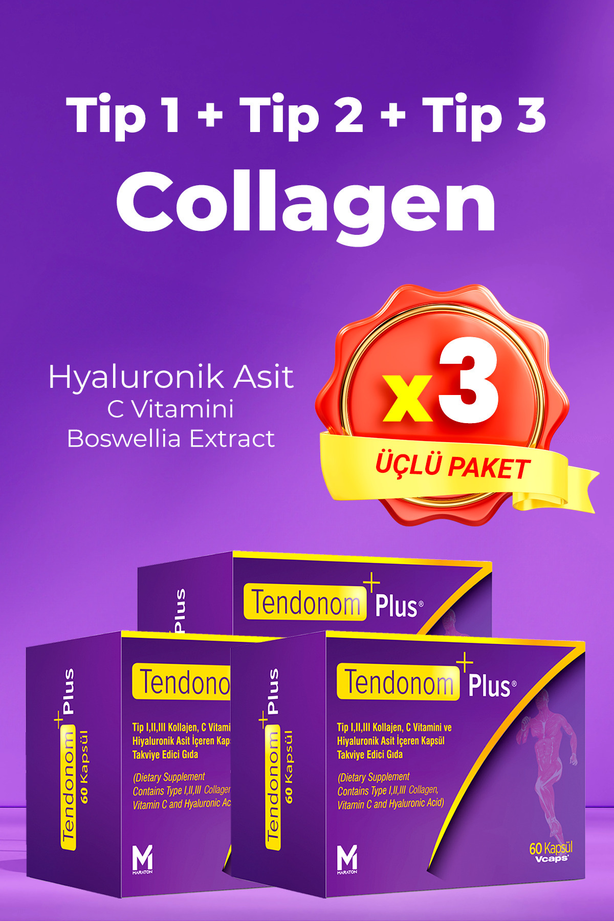 Tendonom Plus Tip 1-2-3 Kollajen + Hiyalüronik Asit 60 Kapsül x 3 Adet ...