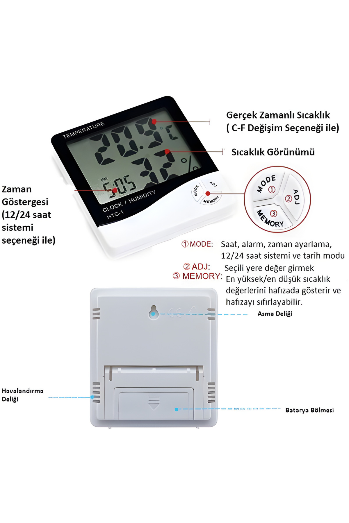 Htc Dijital Termometre Sıcaklık Ve Nem Ölçer Masa Saati Alarm Ev Bebek ...
