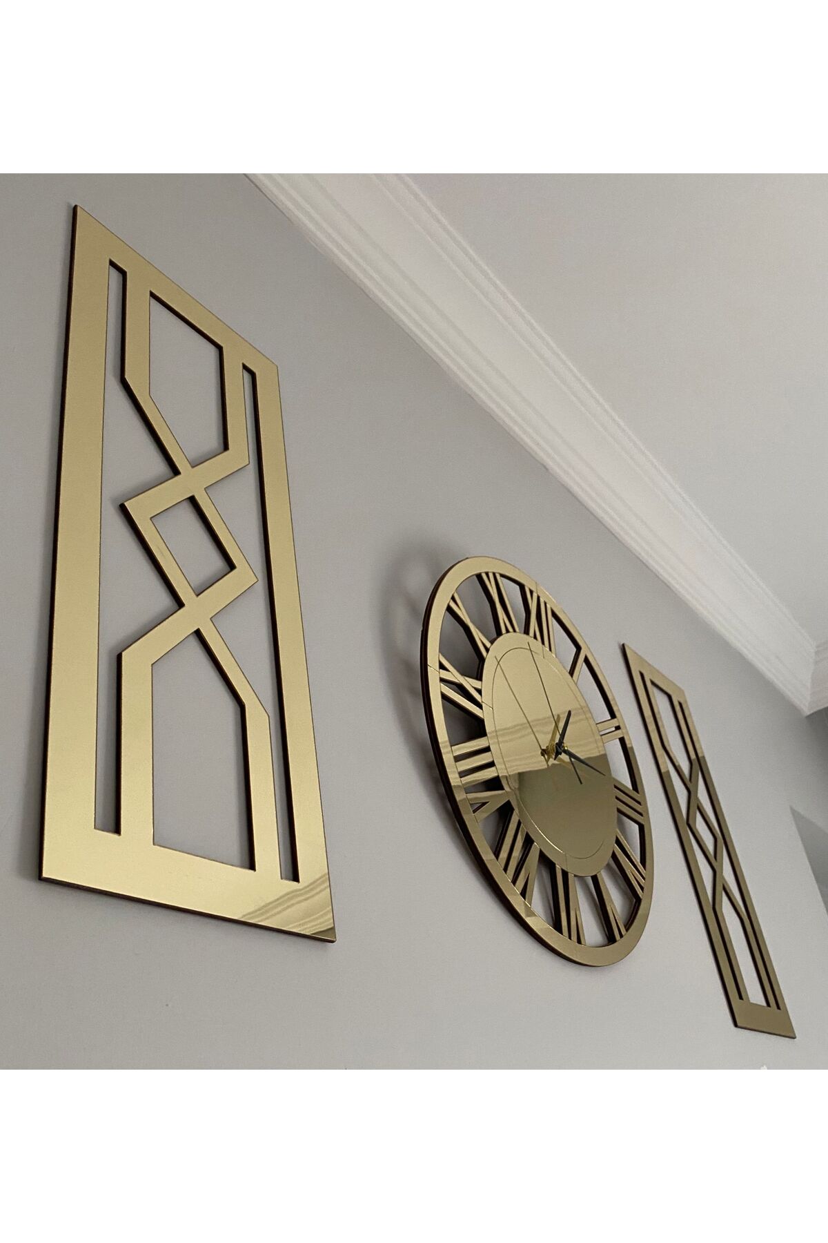 Tuba Design Şık Duvar Saati Seti 3 Lü Gold 40 Cm Dekoratif Roma Rakamlı ...