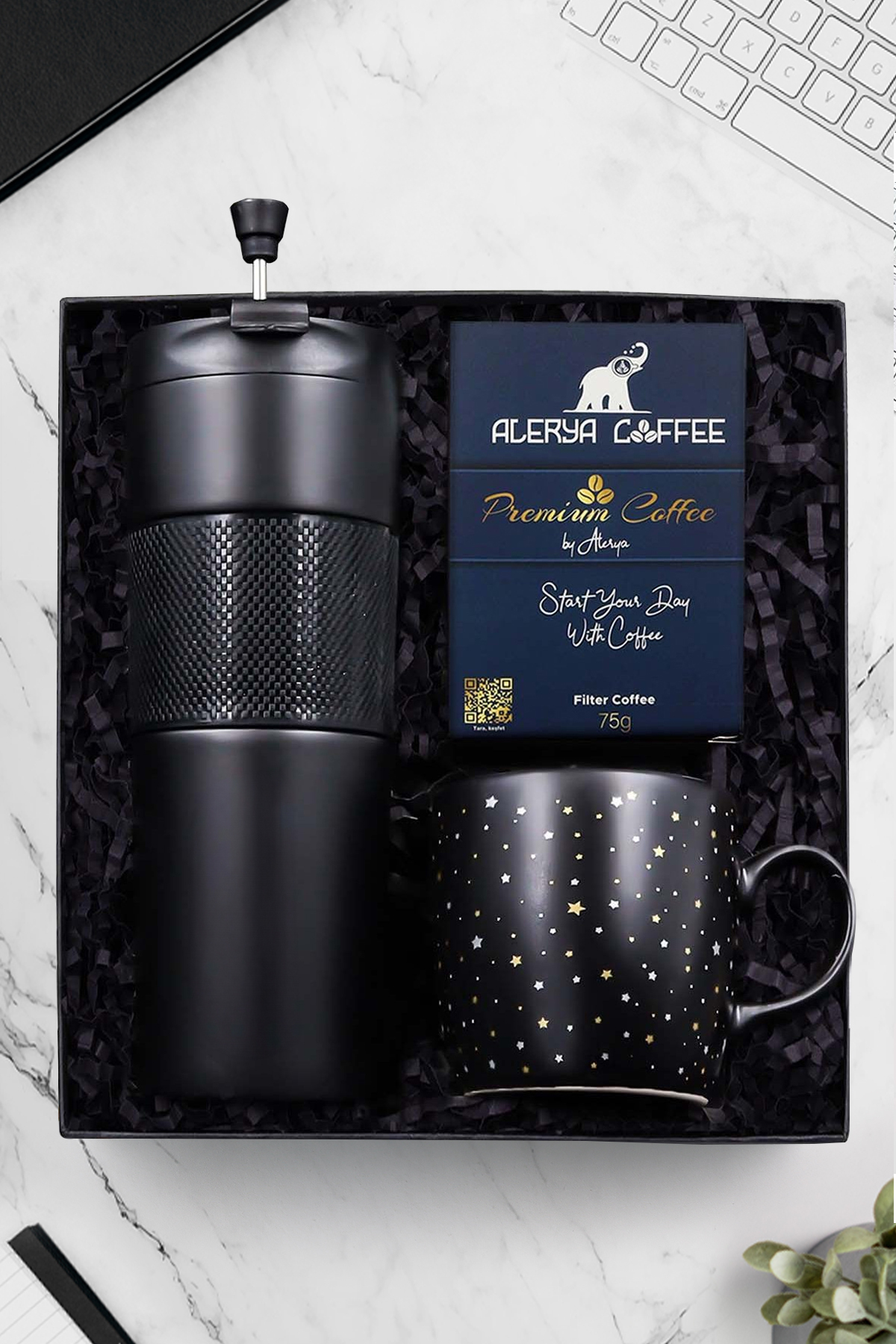 Trendmiya Siyah French Press Çelik Termos Yıldız Desenli Kupa & Premium ...