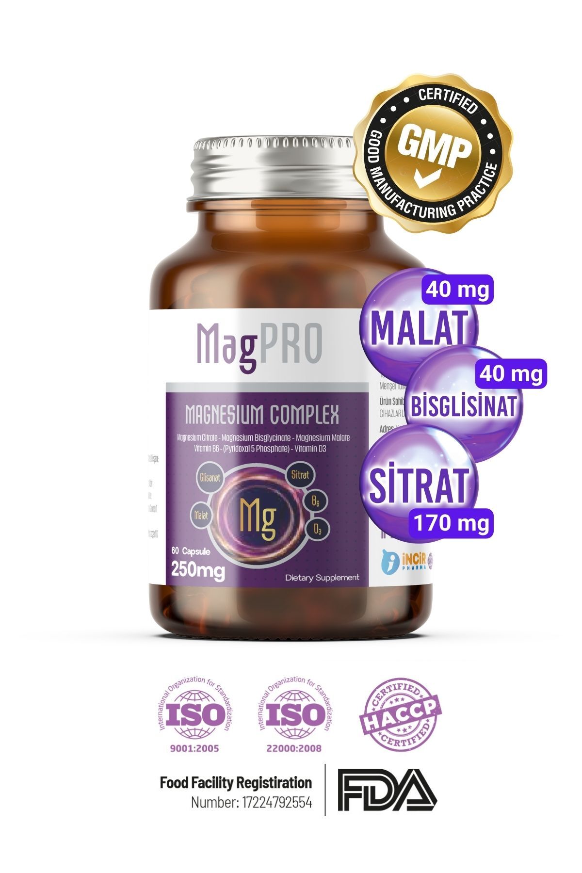 MagPRO Magnezyum (SİTRAT, MALAT, BİSGLİSİNAT) Complex 250 Mg Vitamin B6 ...