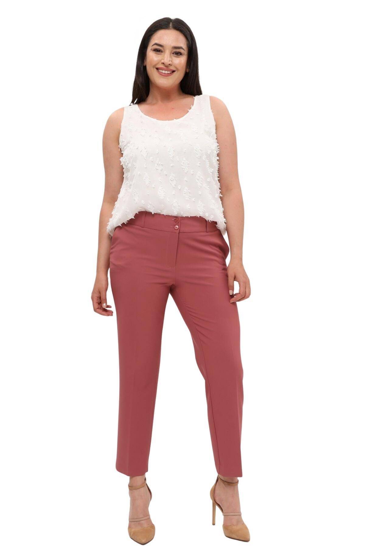 Hanezza Kadın Büyük Beden Gül Kurusu Bilek Boy Yüksek Bel 42-56 Likralı Pantolon Fiyatı ...