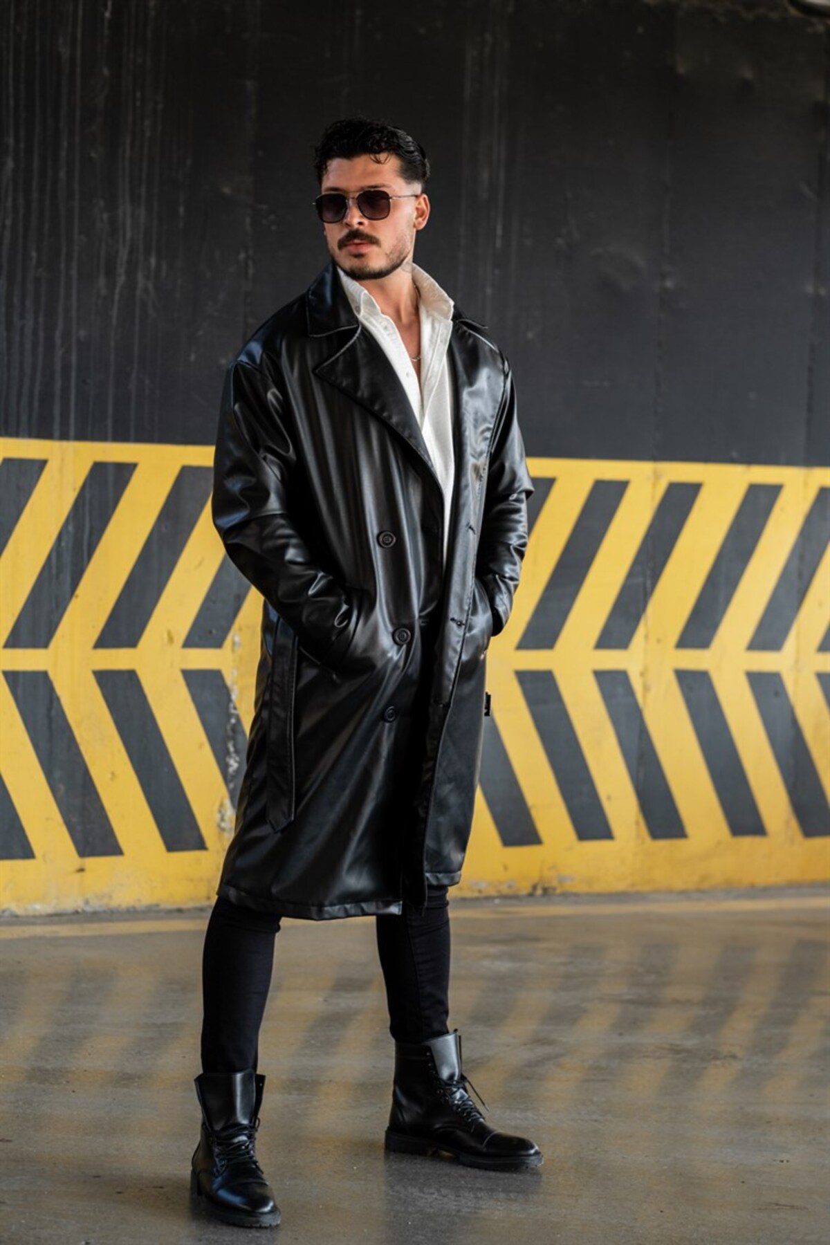 OUTFİT MAN Erkek Vintage Kemerli Uzun Deri Kaban Siyah Fiyatı ...