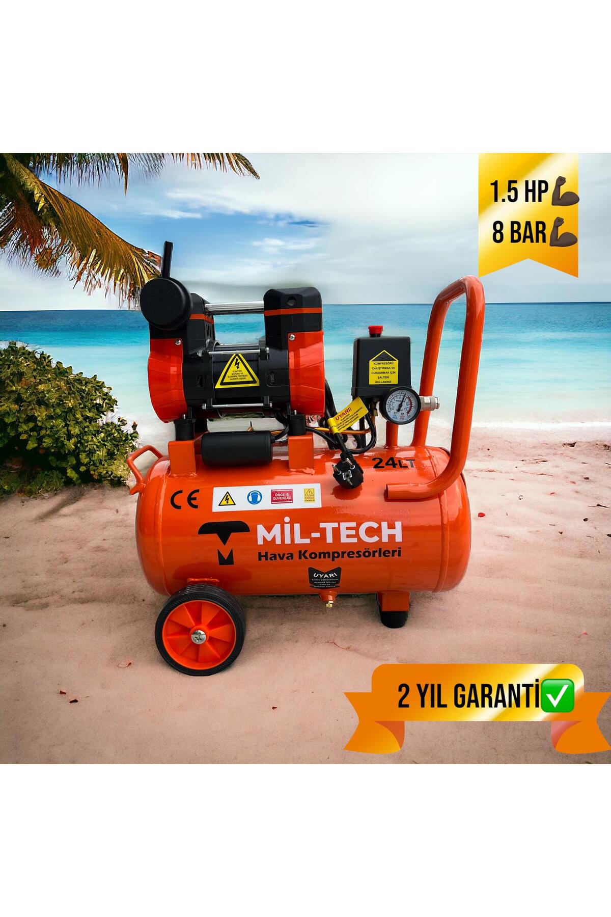 mil-tech MİL-TECH 24 LT ULTRA GÜÇLÜ SESSİZ YAĞSIZ 1.5 HP 8 BAR HAVA ...