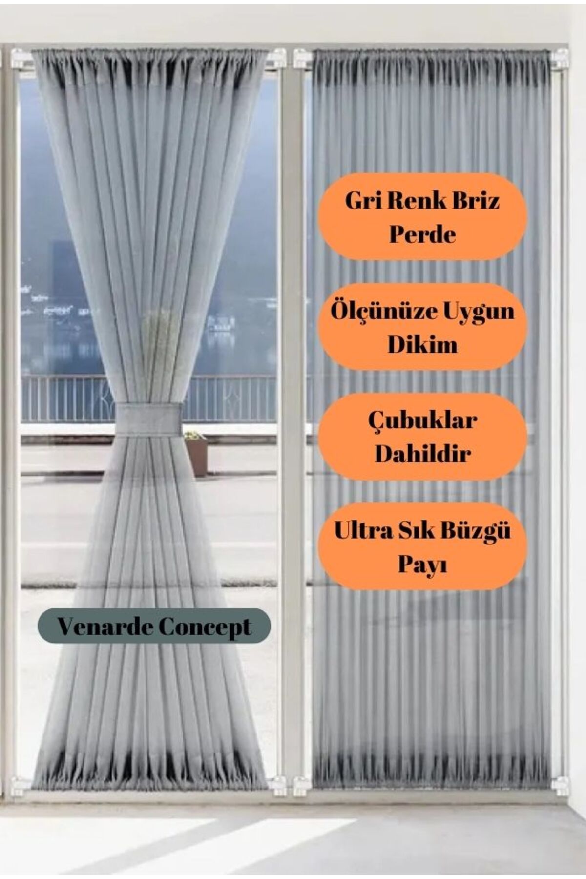 VENARDE CONCEPT Gri Renk Keten Tül Kelebek Perde, Briz Çubuklu Perde ...