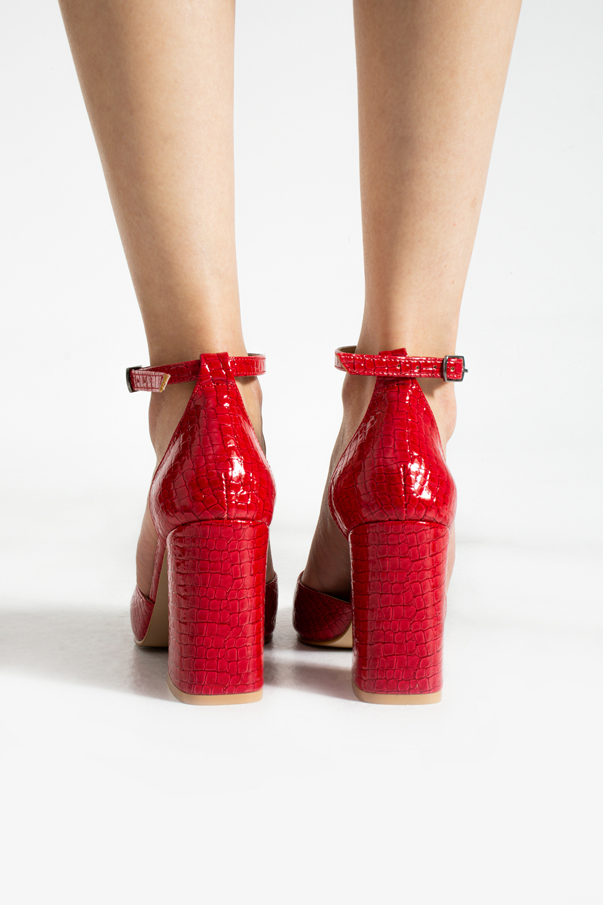 La Limar 8,5 cm kırmızı yılan derisı desenli kalın topuk stiletto ...