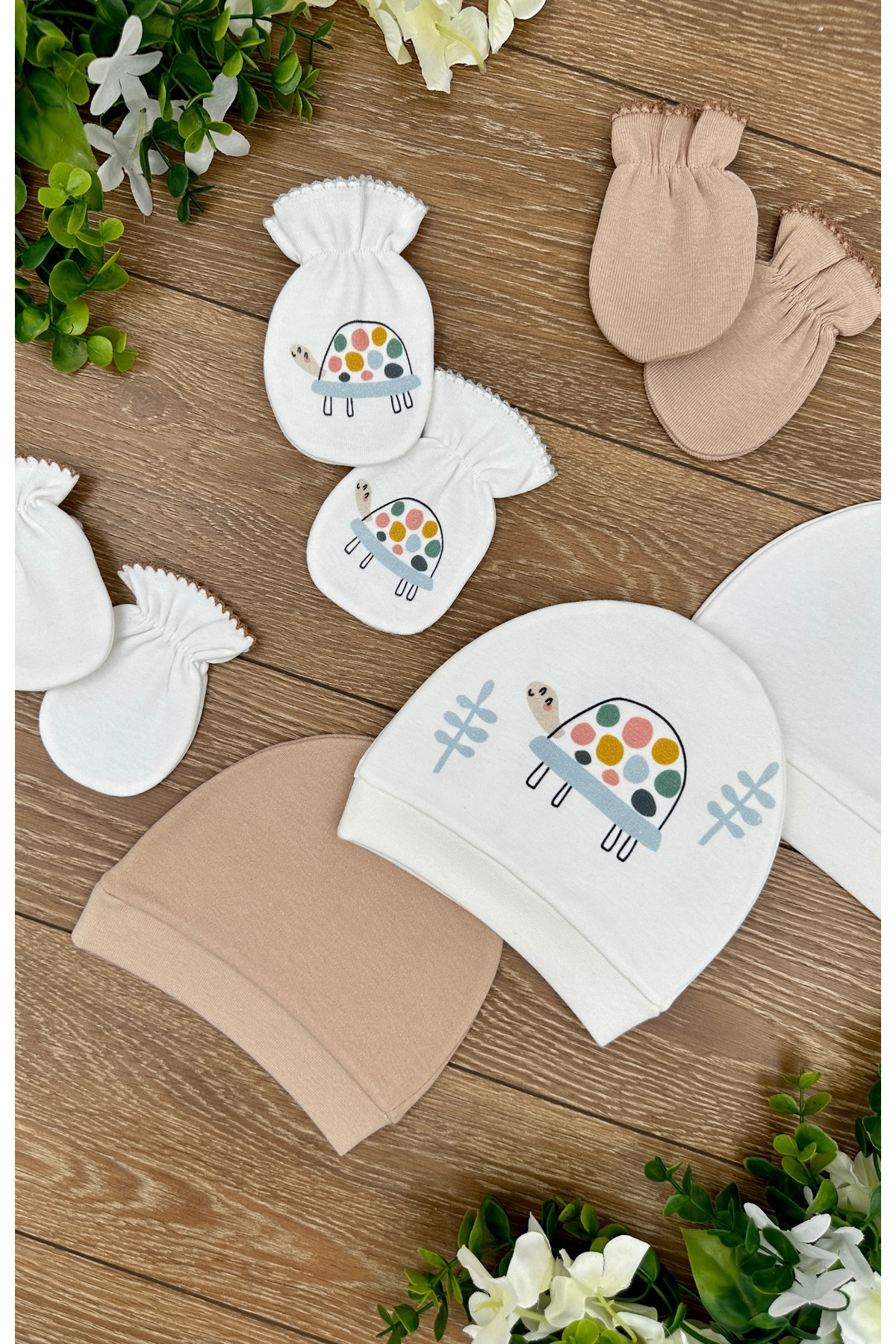 PATSAN Organik 6'lı Yeni Doğan Bebek Şapka Eldiven Takımı Renkli ...