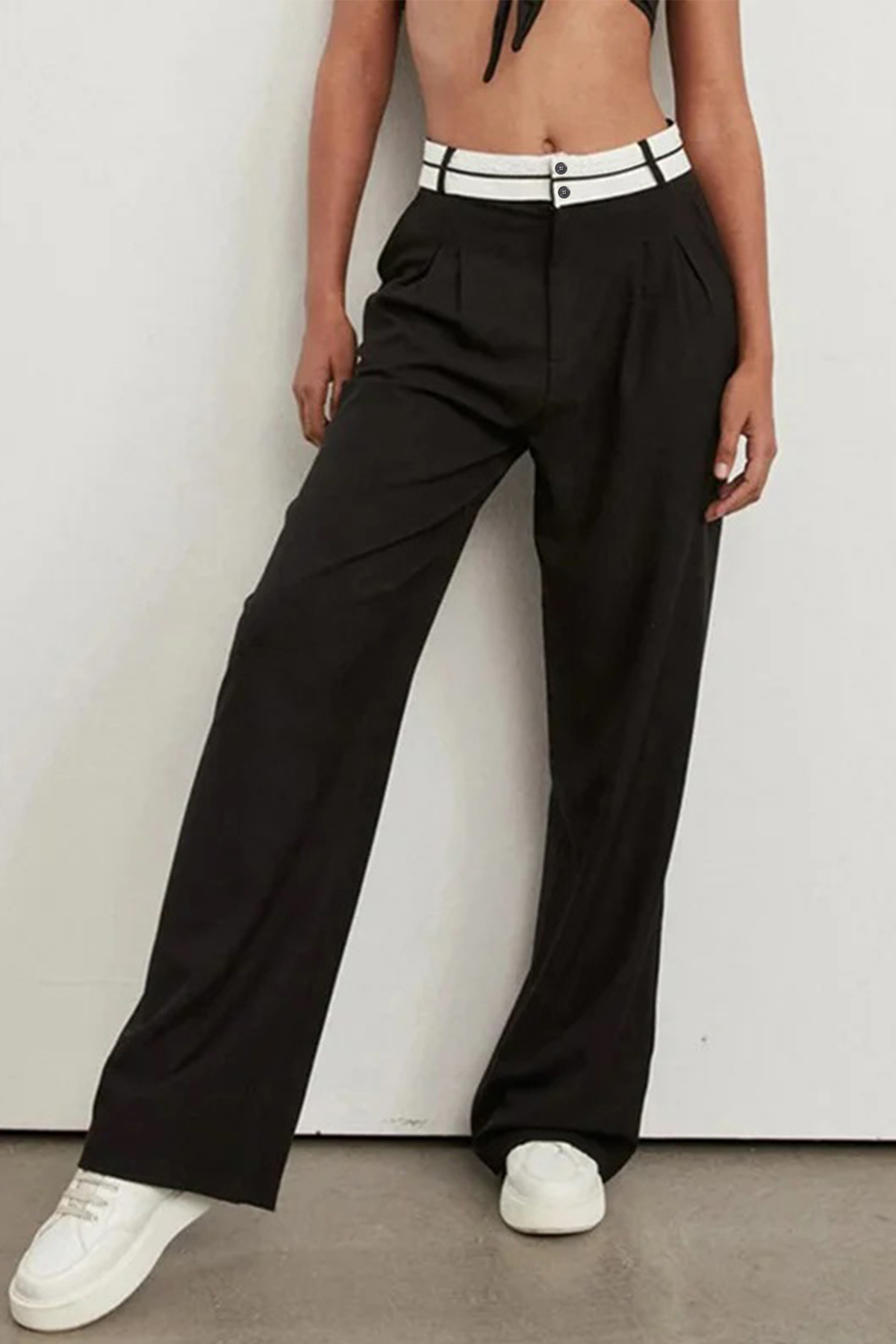 DE PLEIN Sofia Kemer Detaylı %100 Esnek Palazzo Yüksek Bel Siyah Kadın Pantolon - Fiyatı, Yorumları