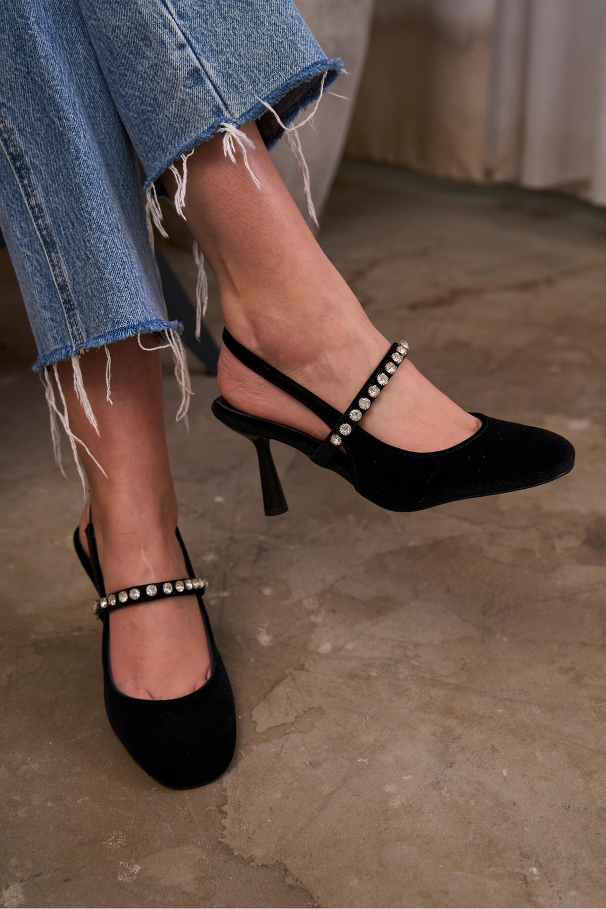 mytopuk Cooper Siyah Renkli Lux Taşlı Kadife Arkası Açık İnce Topuklu ...