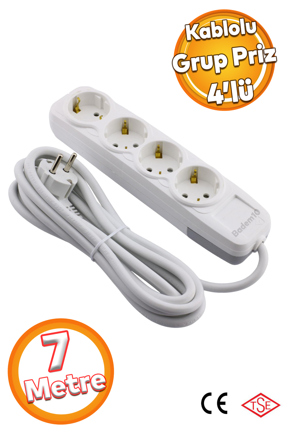Badem10 Kablolu 4'lü Topraklı Grup Priz Fiş Çoğaltıcı 7 Metre Çoklu ...