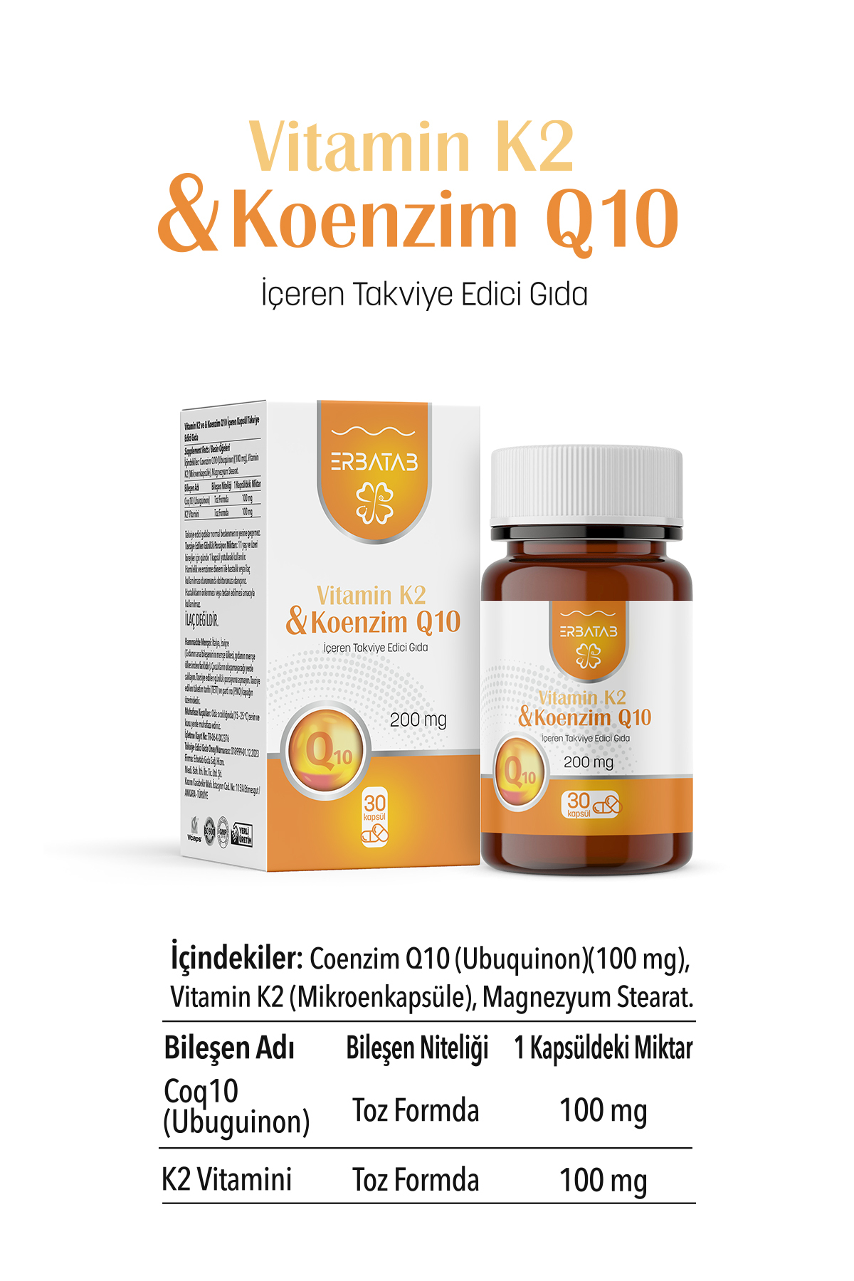 Erbatab Vitamin K2 ve Koenzim Q10 30 Kapsül Fiyatı, Yorumları - Trendyol