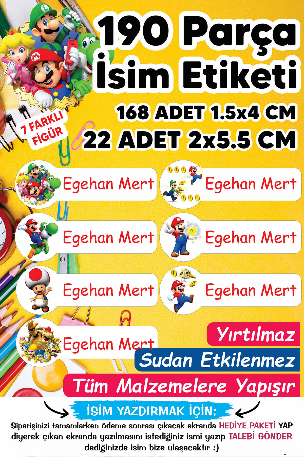 MSticker Okul Etiketi Kalem Defter Etiketi Süper Mario Temalı Özel Isim ...