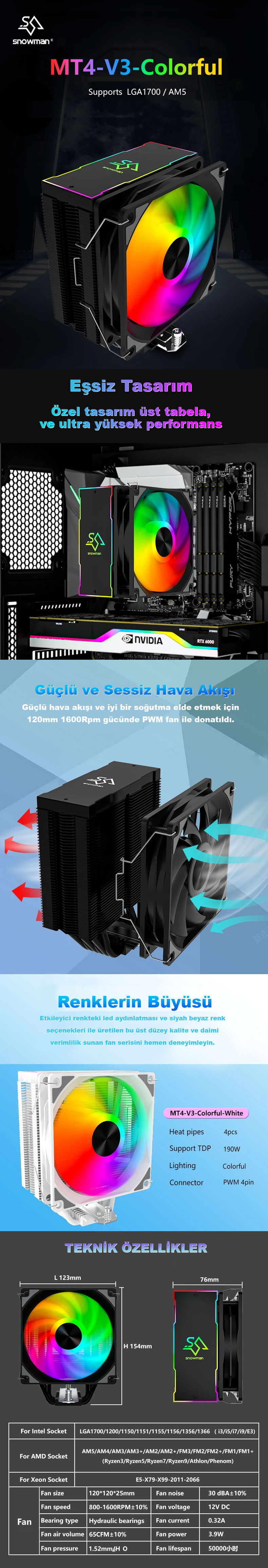 Snowman MT4-V3 12CM COLORFUL FAN 4PİN + 4 BAKIR BORULU PREMİUM BEYAZ ...