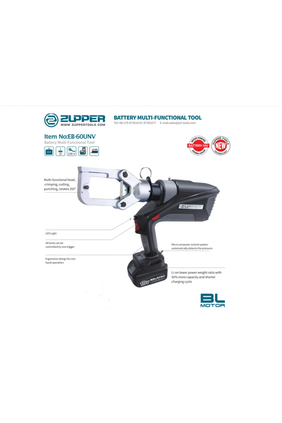 Zupper EB-60UNV Bataryalı Universal Pabuç Sıkma Kablo Kesme Punch Pense ...