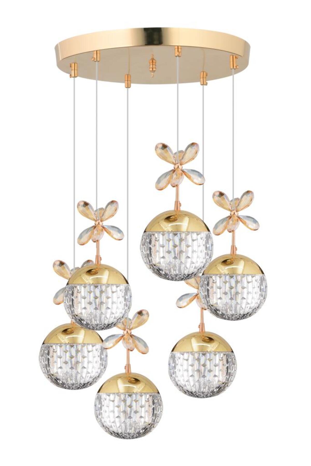 İstanbul Avize Sante 6'li Gold 3 Renk Ledli Kristal Taşlı Modern Led ...
