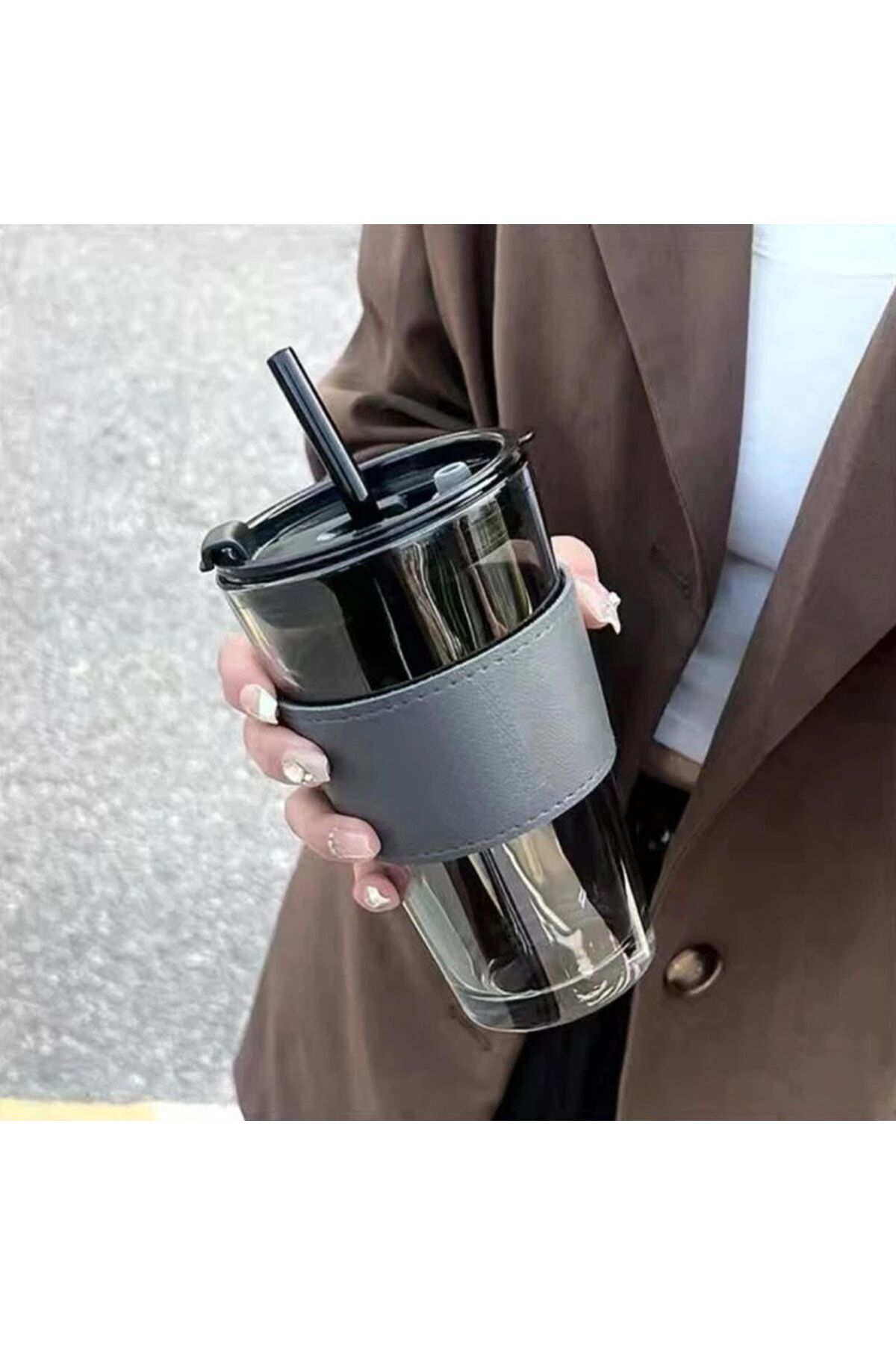 BLUE SİDE 450ml Isıya Dayanıklı Pipetli Borosilikat Retro Deri Şeritli Bardak | Kahve Sunum ...