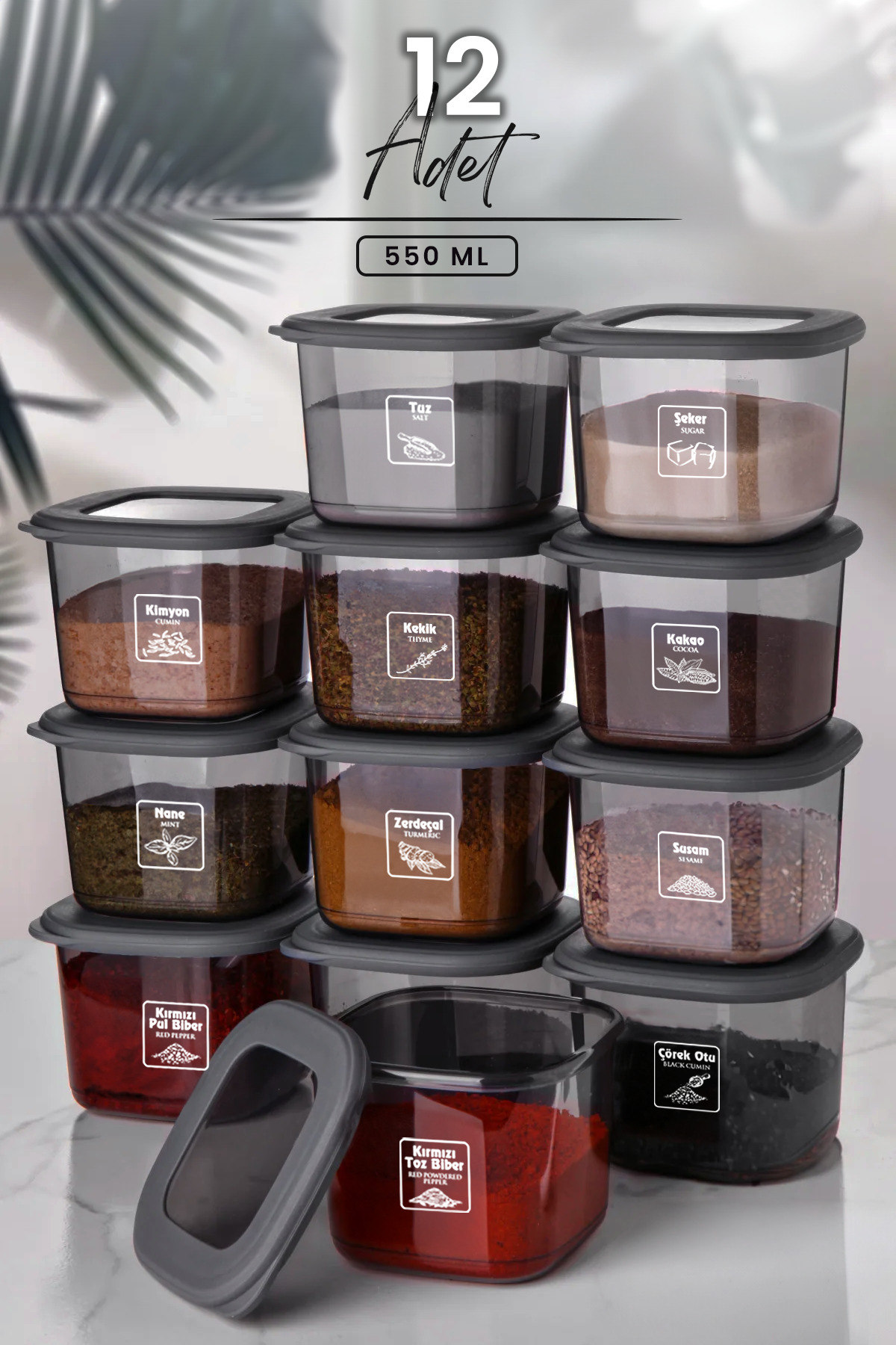 Kitchen Life 12 Adet Antrasit Etiketli Baharatlık Seti -550 ml - 12 Li Baharat Takımı Seti ...