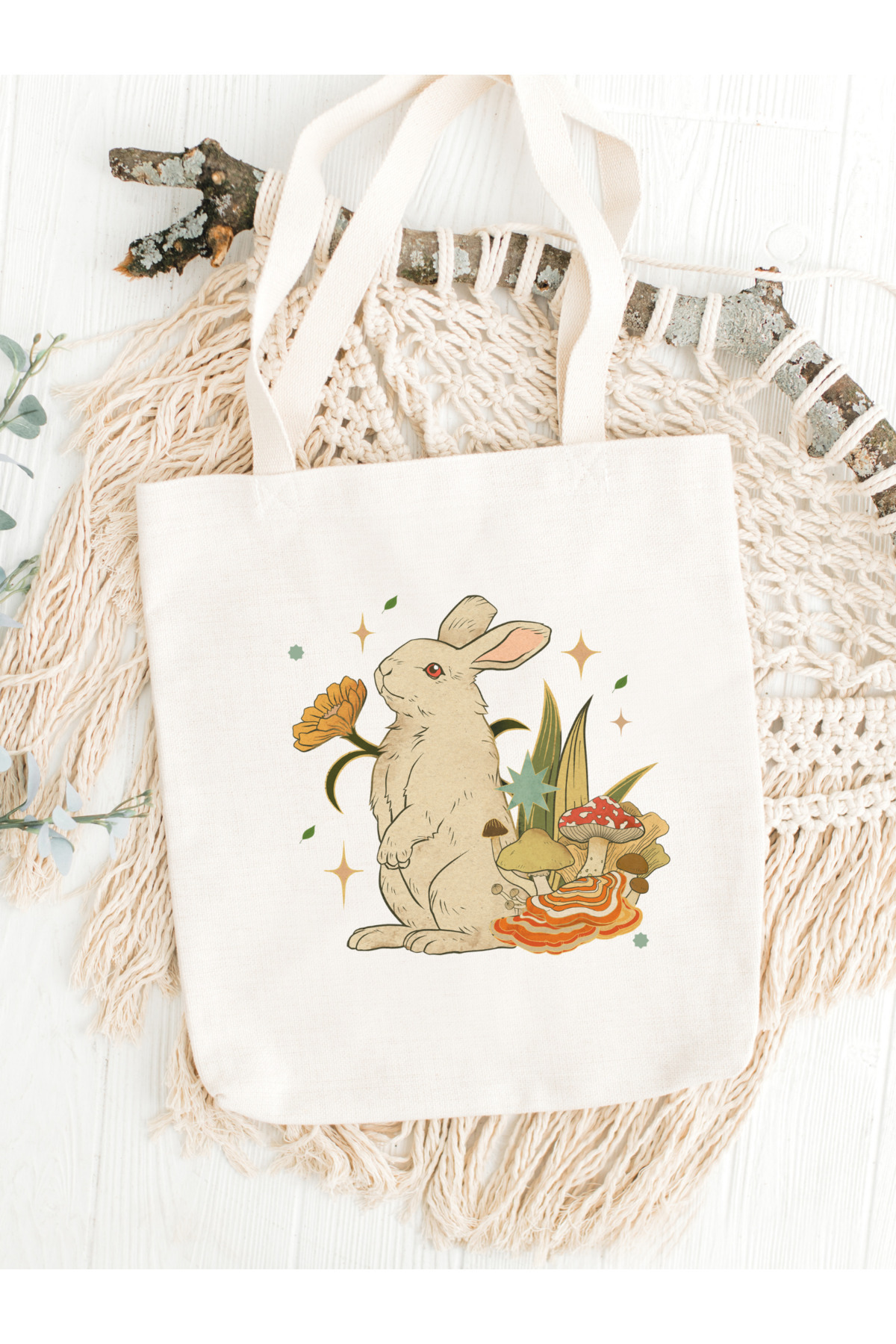 Cemira Rabbit And Mushroom, Tavşan ve Mantar Tasarım Tote Bag, Bez ...