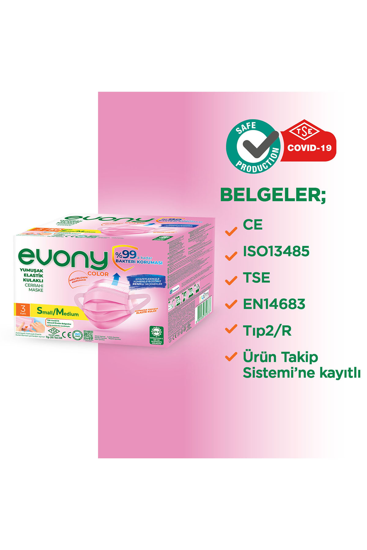 Evony Color Pembe Yumuşak Elastik Kulaklı Maske 100 Adet Fiyatı ...
