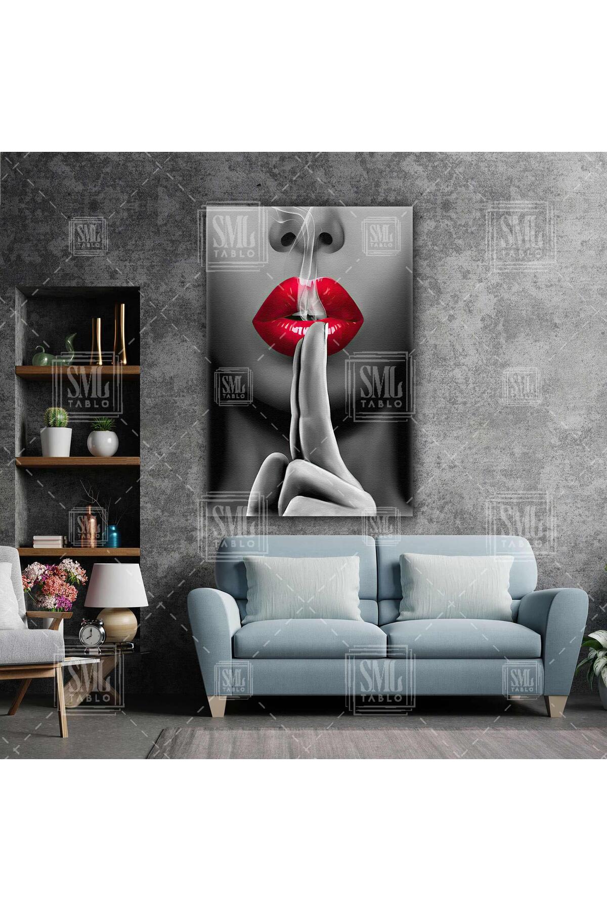 SML TABLO Kırmızı Rujlu Kadın Sus Işareti Duman Sigara Dudak Öpücük Dikey Kanvas Tablo Fiyatı ...