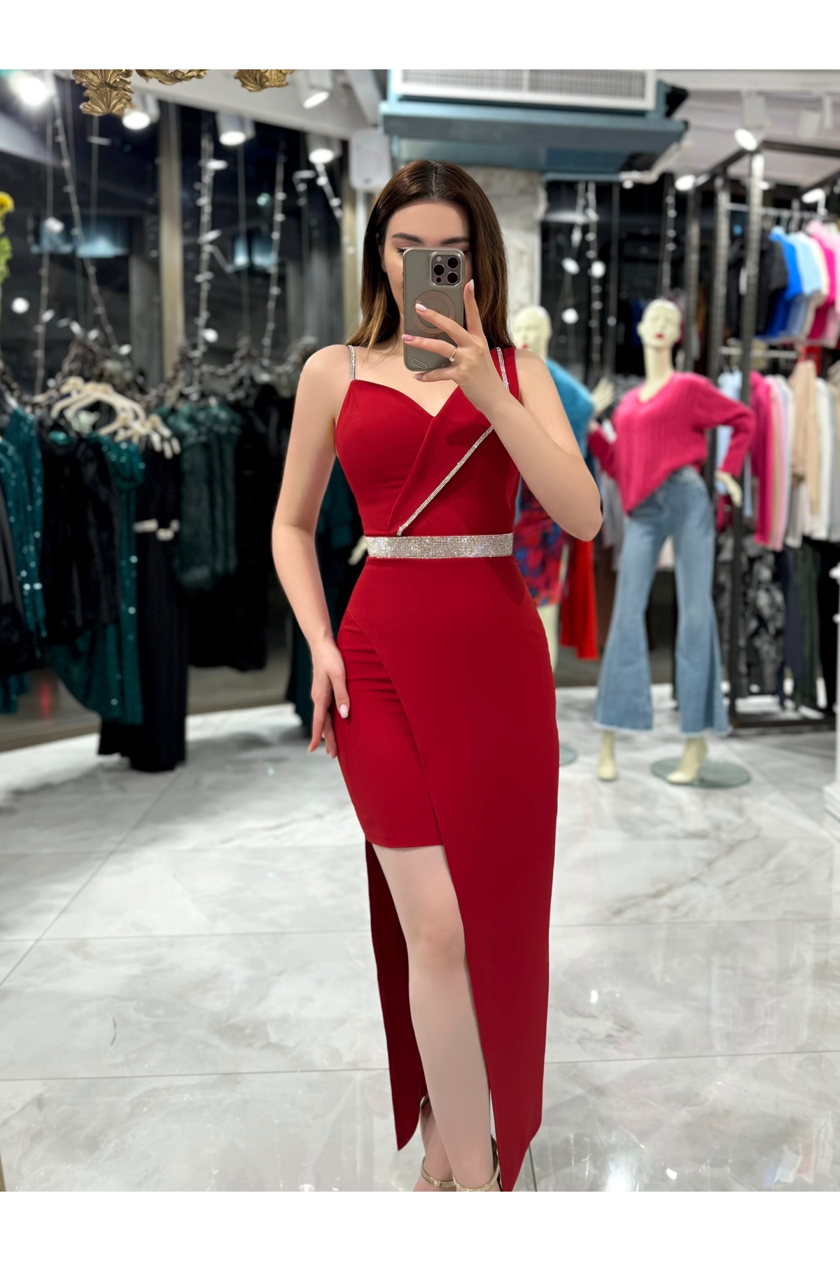 missswans Beniz Tek Omuz Bel Taş Detaylı Mini Abiye Elbise-Kırmızı ...