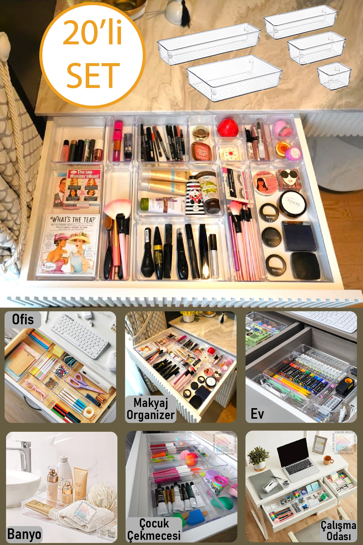 color house 20'li Set Şeffaf Modern Organizer Ofis Çekmece Dolap Banyo ...