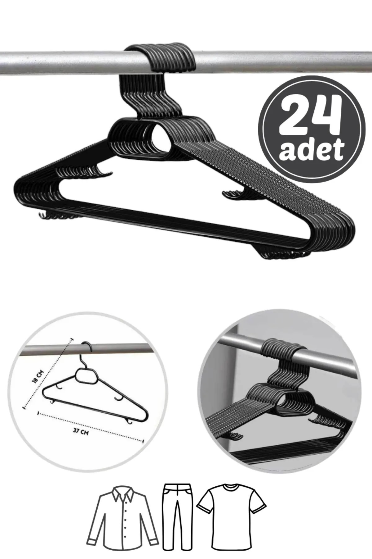 ASYA BAZAAR 24 Adet Siyah Plastik Elbise Kıyafet Askısı 24'lü Set ...