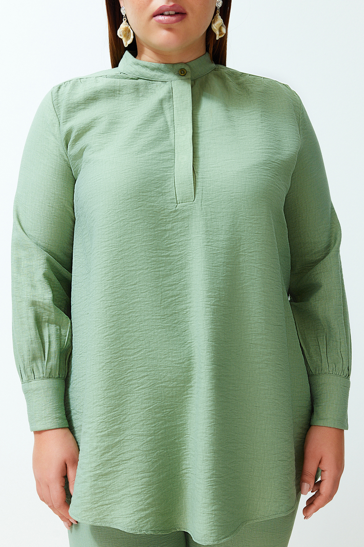 TRENDYOL MODEST Green Half Hidden Placket Shoulder Detailed Tunic-Pants ...