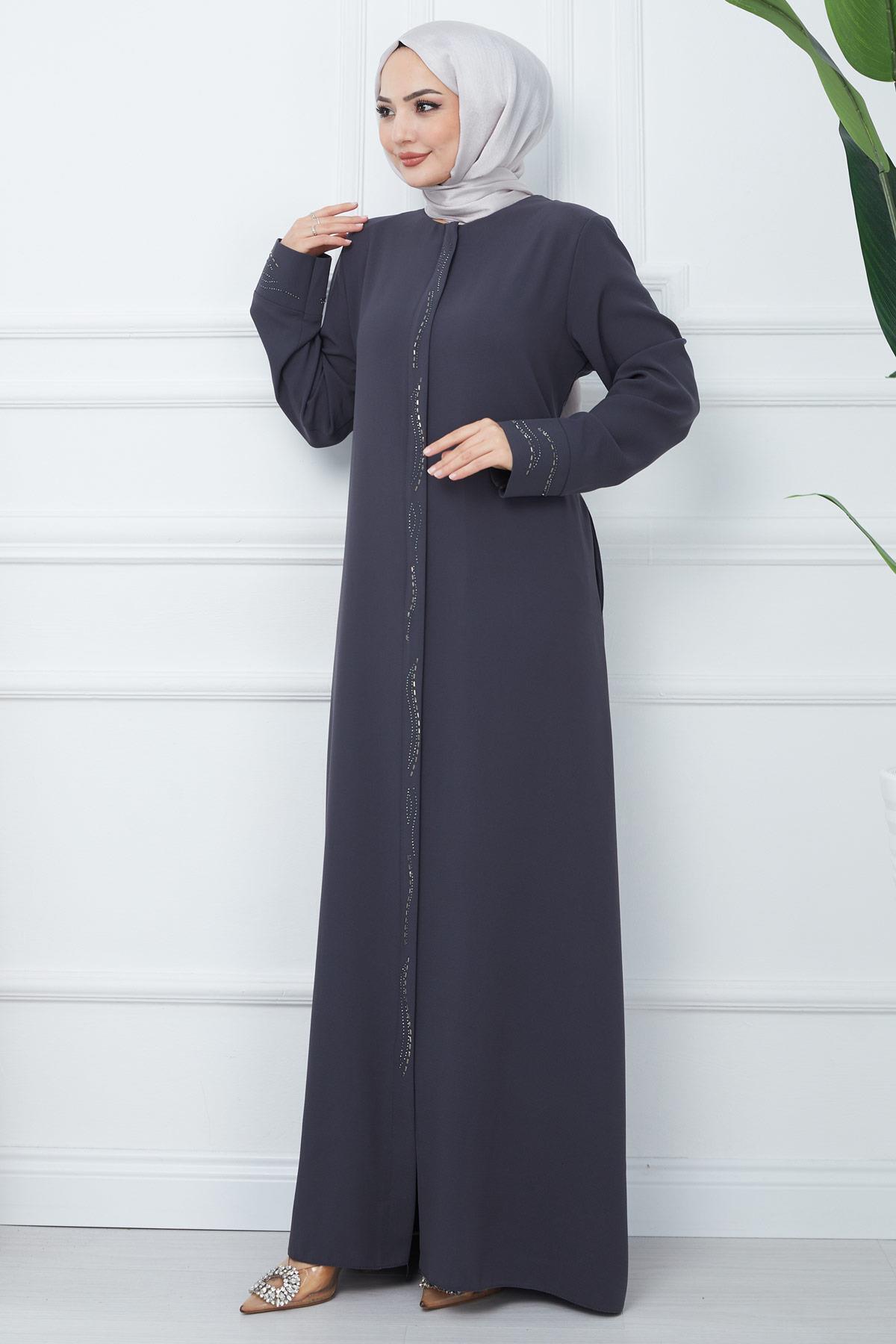 hafsamina Petek Kumaş Büyük Beden Taşlı Ferace Füme HM2352 Fiyatı ...