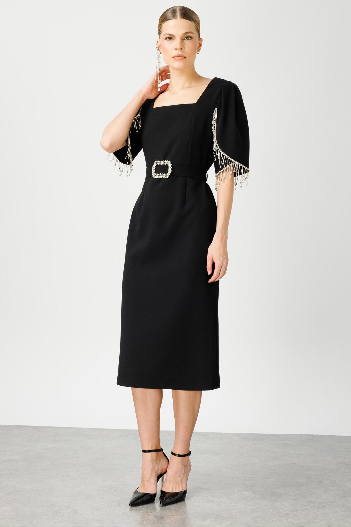 Moda İlgi Modailgi Kolları Şerit Aksesuarlı Elbise Siyah Fiyatı ...