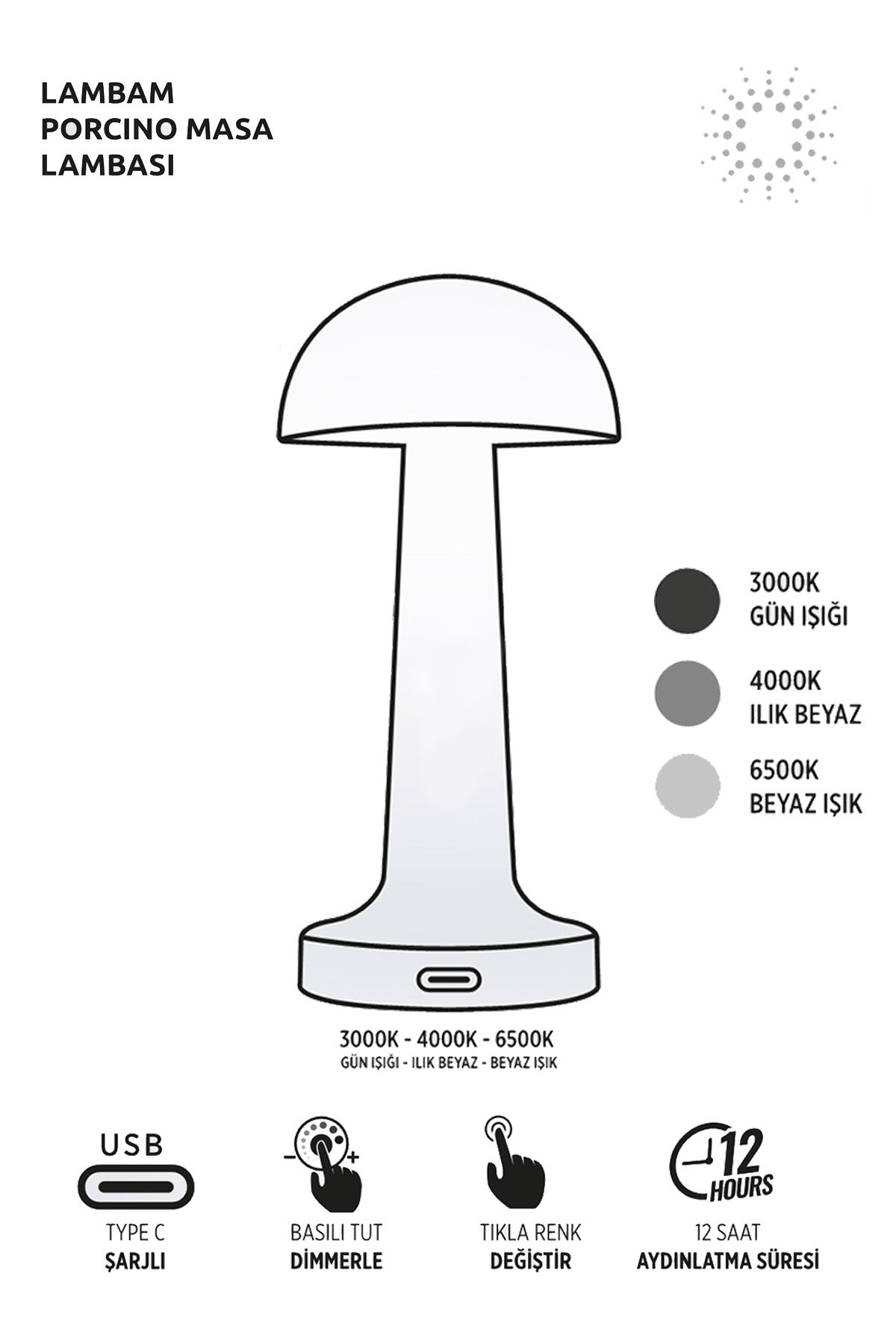 LAMBAM Porcıno Dokunmatik 3 Renkli Dimli Şarjlı Mantar Masa Lambası ...