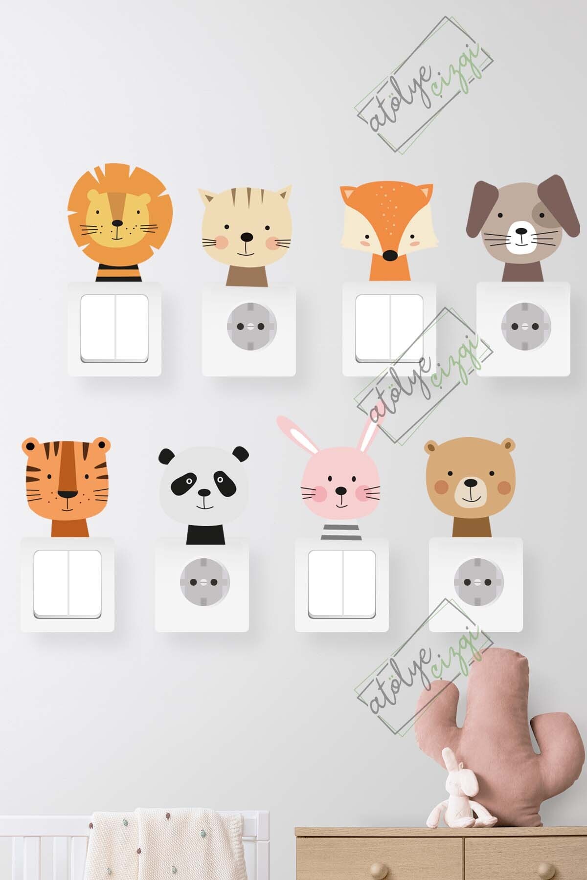 Atölye Çizgi Sevimli Hayvanlar Priz Üstü Çocuk Odası Sticker 8li Set ...