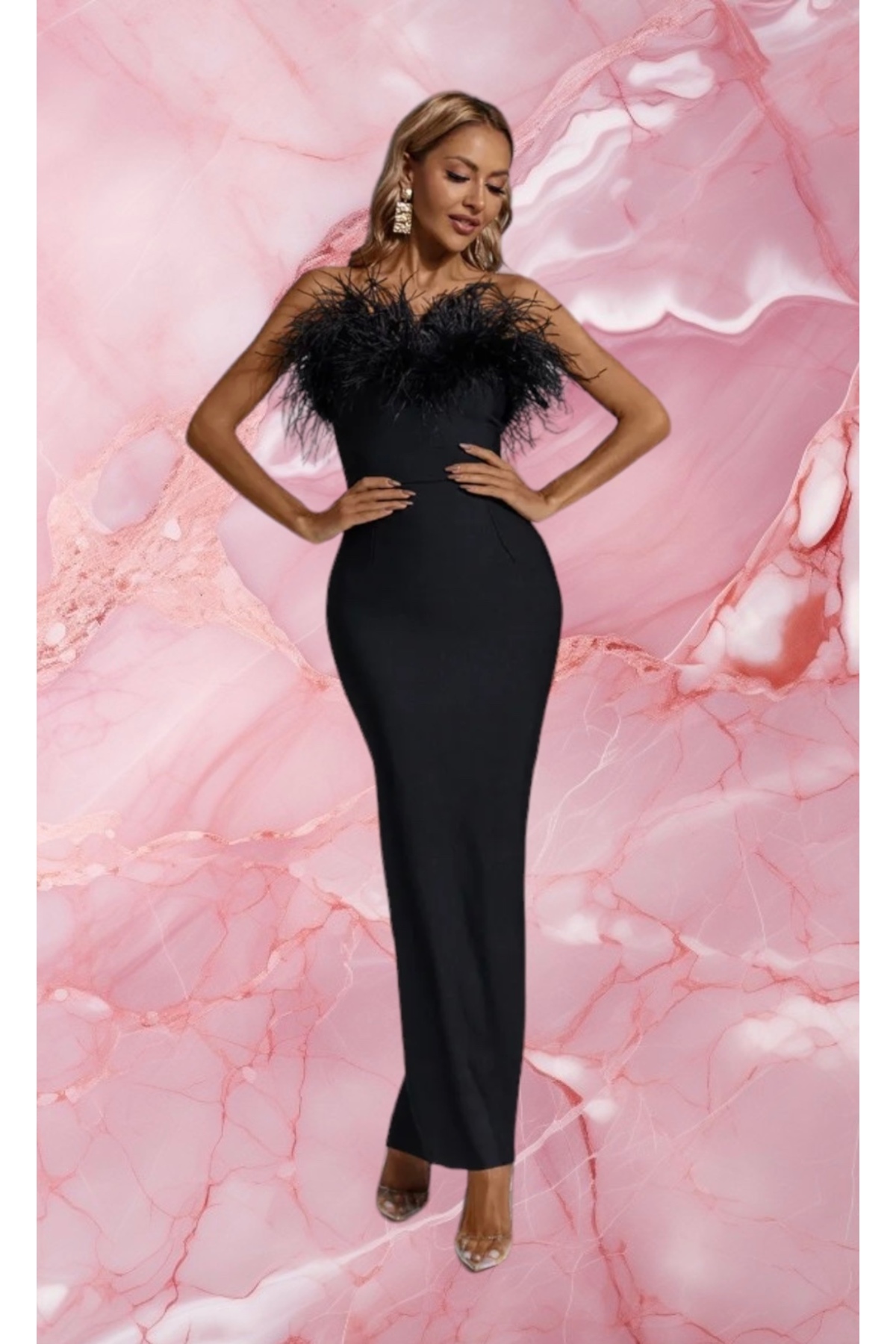 Mavi moda tekstil Siyah Tüy Detaylı Arkadan Yırtmaçlı Uzun Elbise ...