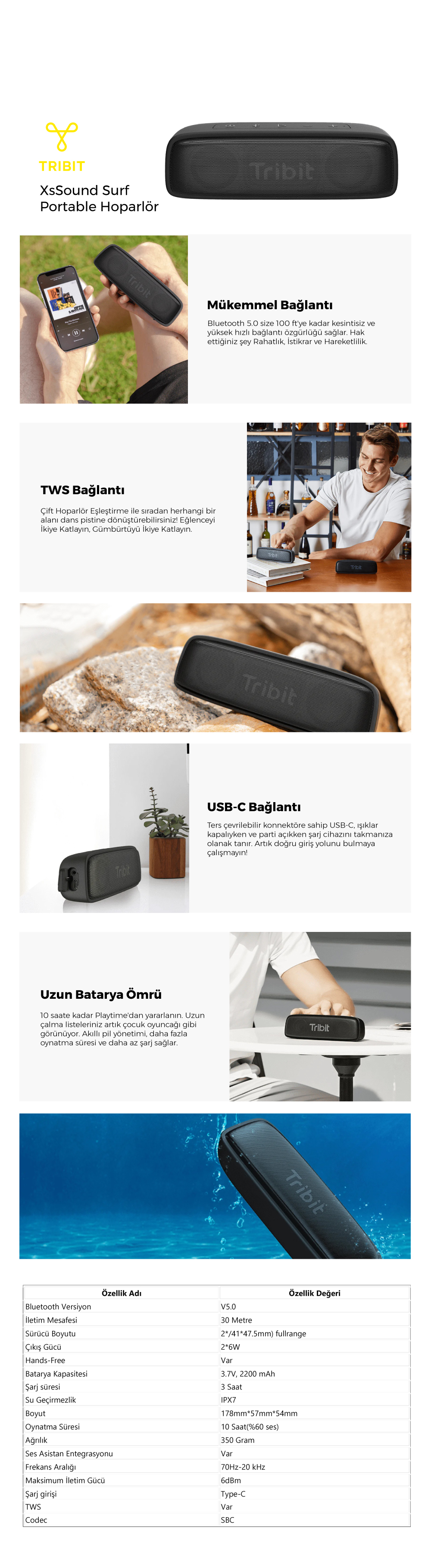 Tribit XSound Surf 2x6W 10 Saat Oynatma Süresi IPX7 Su Geçirmez ...